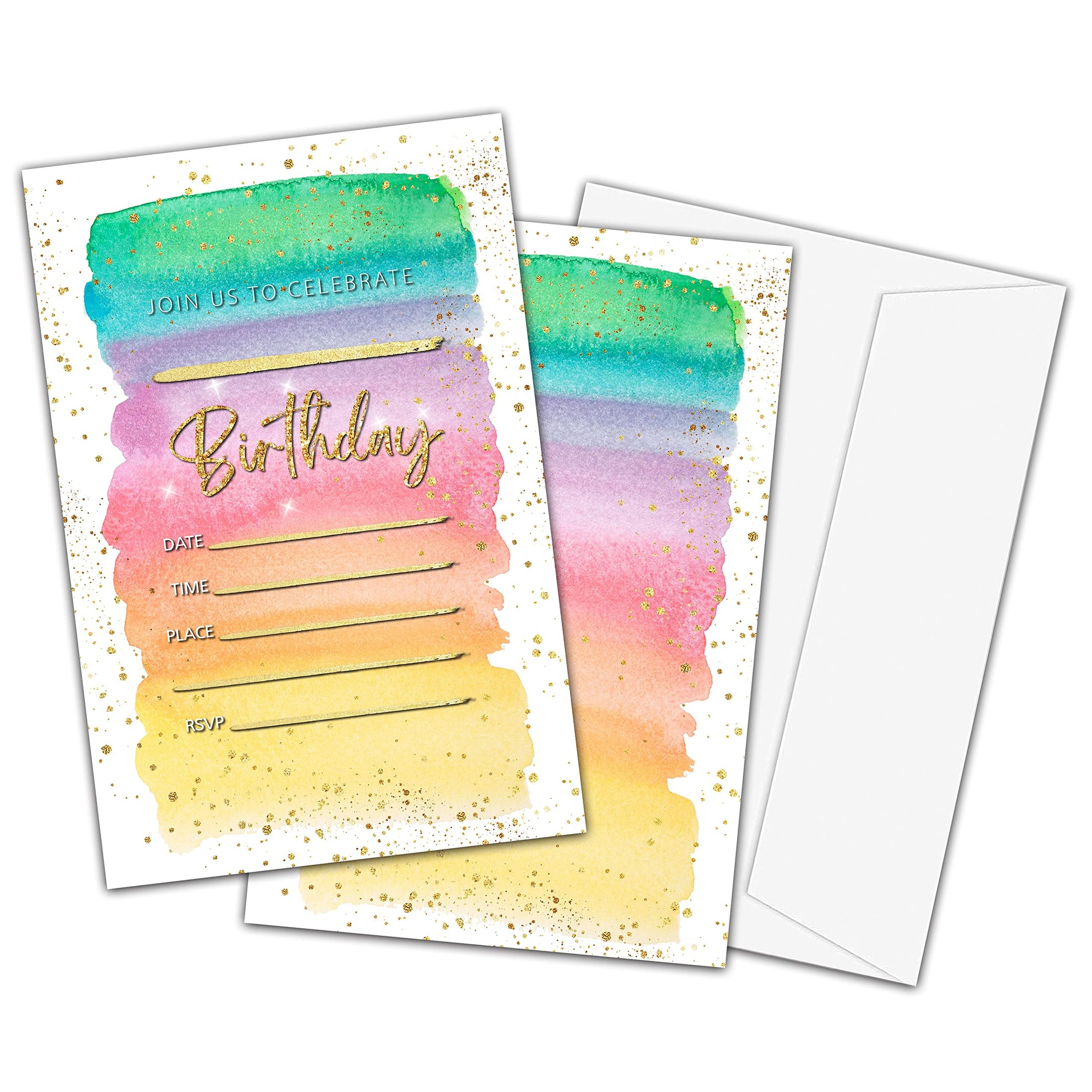 Vibrant Rainbow Glitter Party Invites for Kids, 20 Double-Sided Fill-in ...