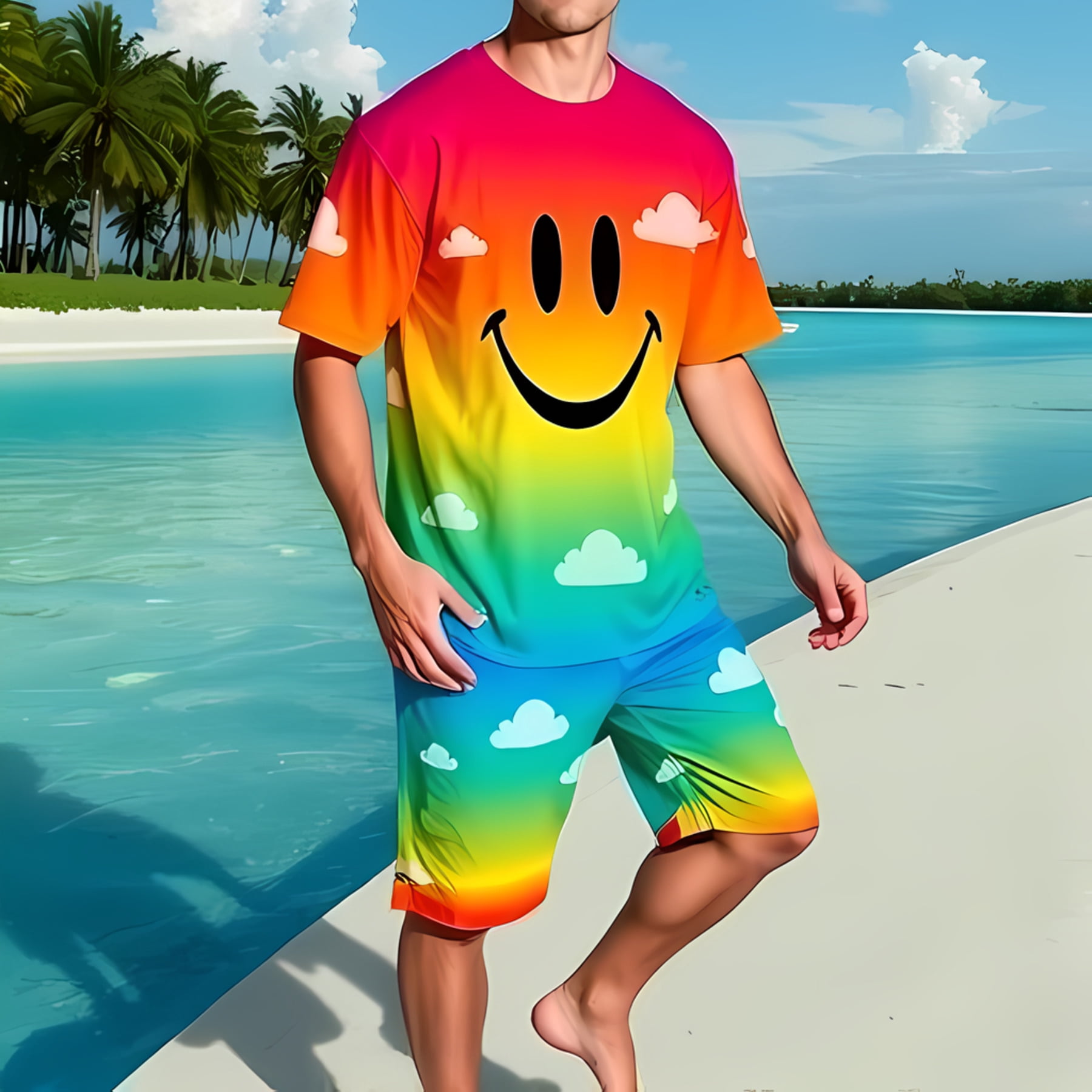 Vibrant Rainbow Gradient T-Shirt & Shorts Set with Smiling Face ...