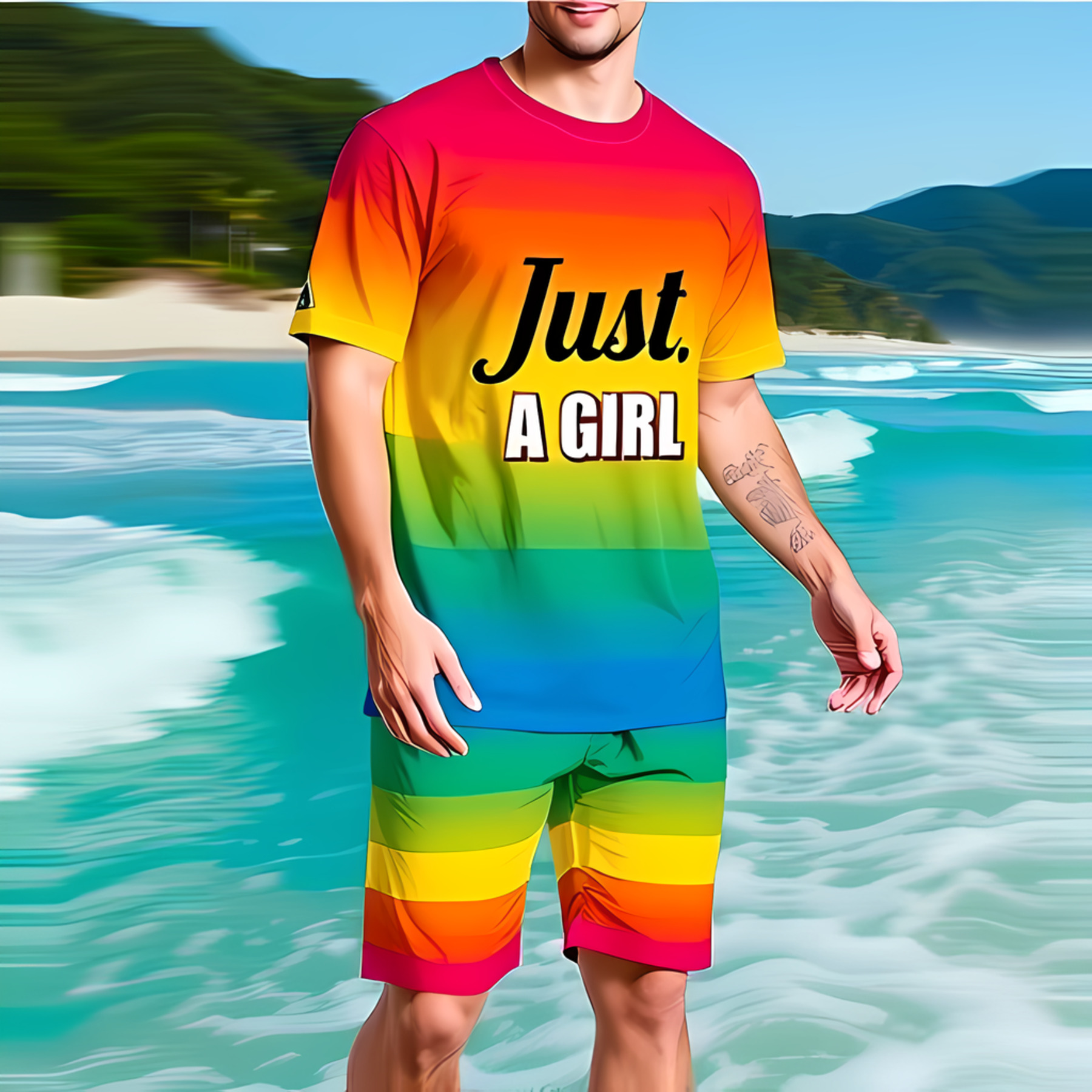 Vibrant Rainbow Gradient T-Shirt and Shorts Set - Fun 'Just A Girl ...