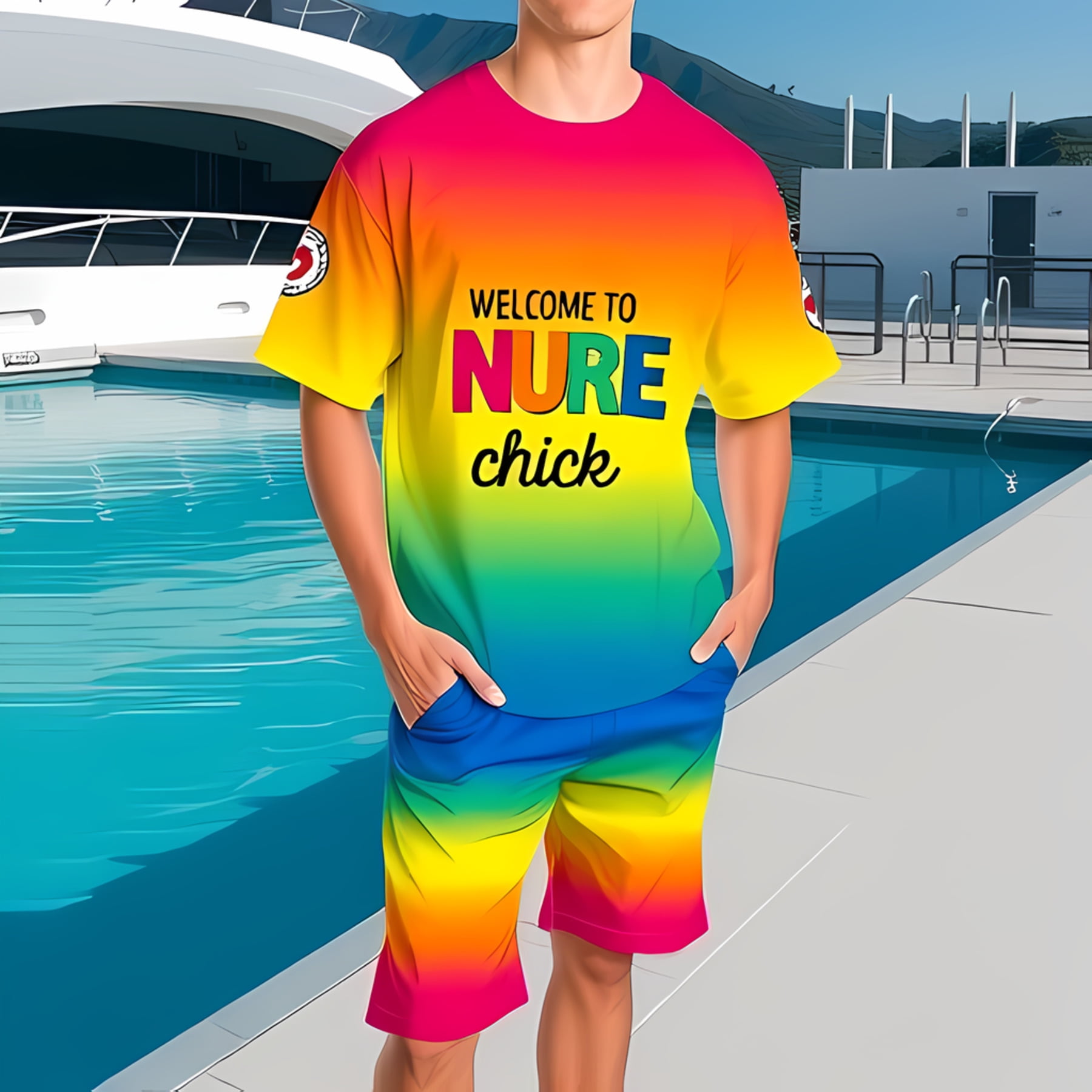 Vibrant Rainbow Gradient T-Shirt and Shorts Set - Fun 'Welcome to NURE ...