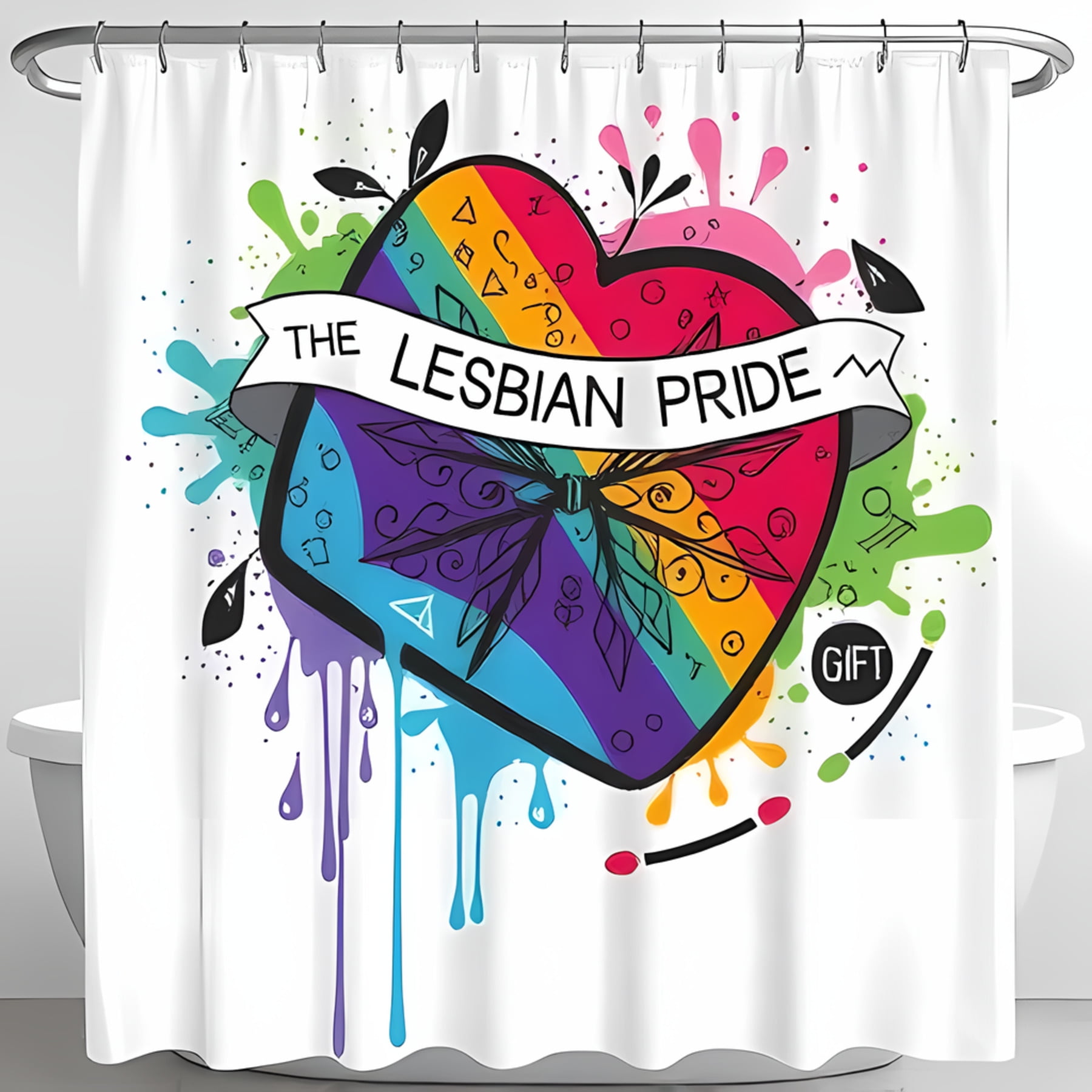 Vibrant Rainbow Heart Shower Curtain with Floral Elements & Dripping ...
