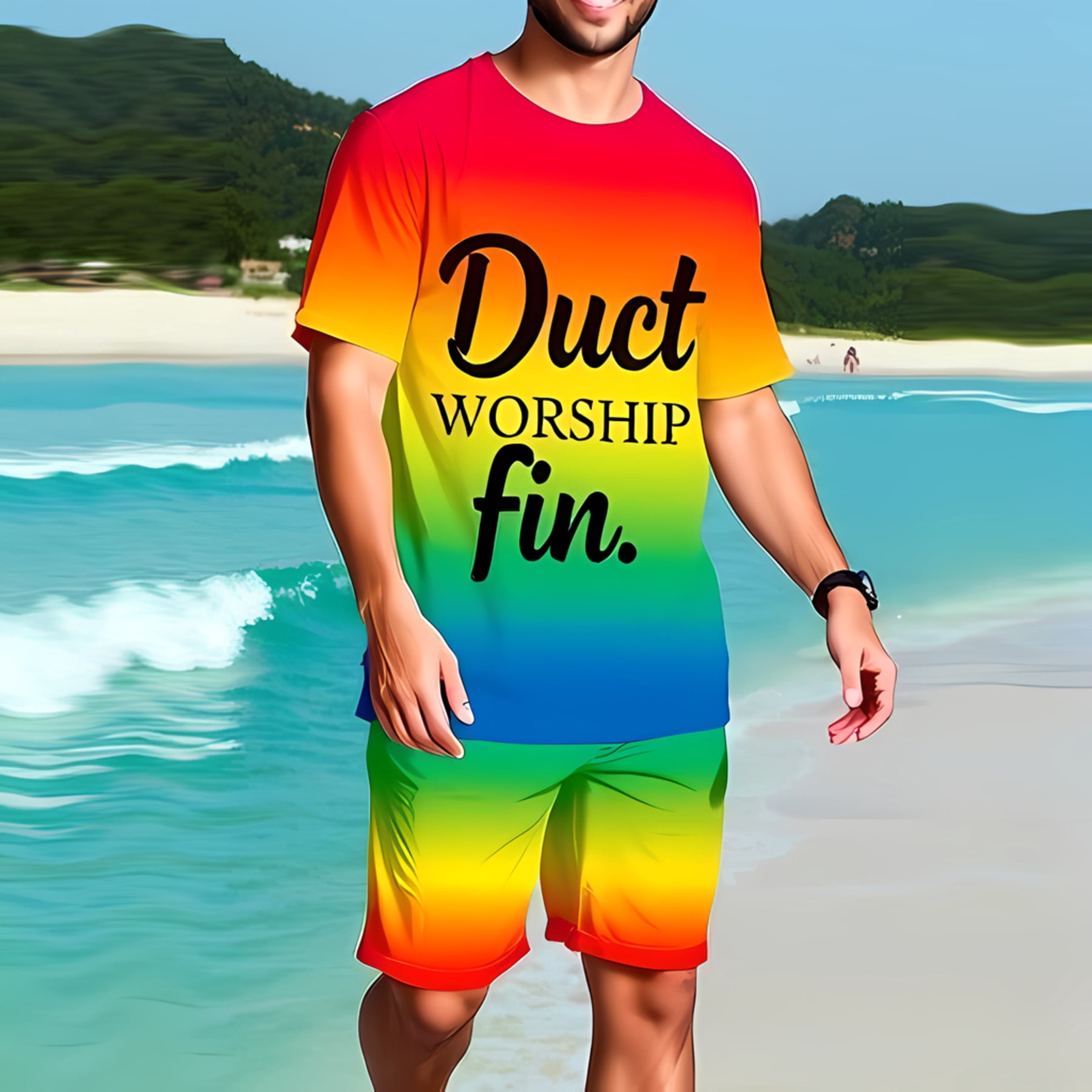 Vibrant Rainbow - Hued T-Shirt and Shorts Set with Bold 'Duct Worship ...