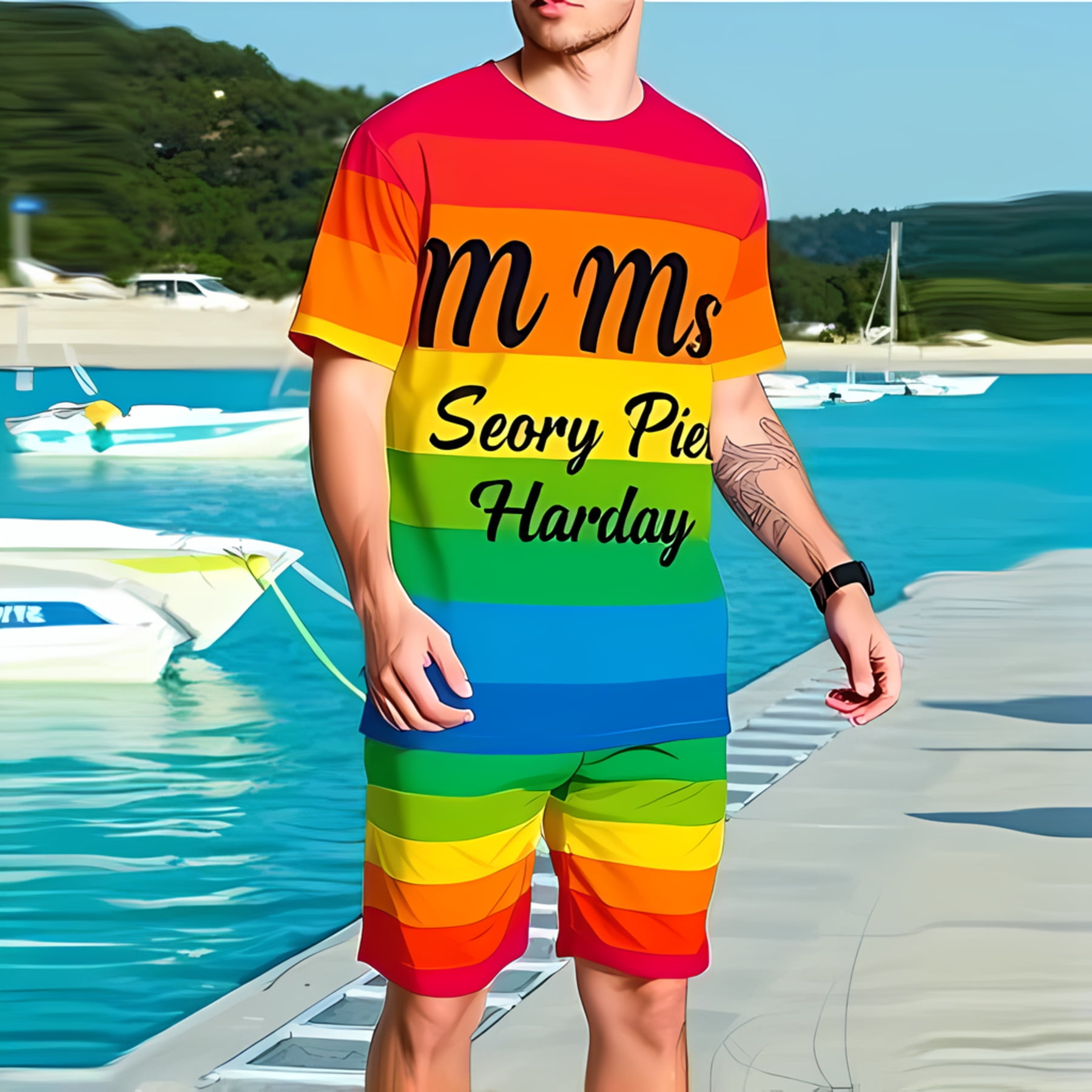 Vibrant Rainbow Striped T-Shirt and Shorts Set - Bold Multicolored ...
