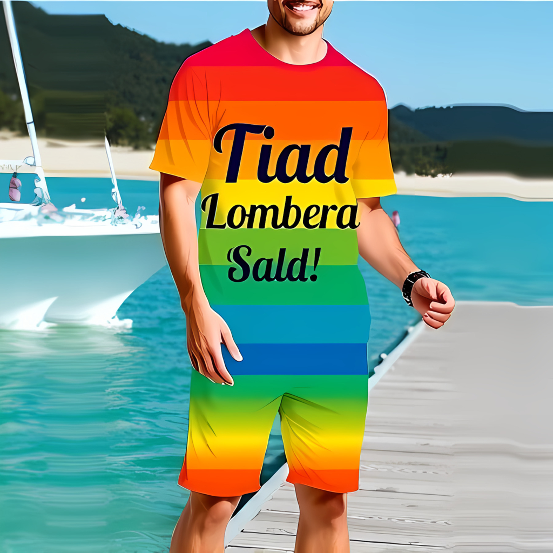 Vibrant Rainbow - Striped T-Shirt and Shorts Set with Bold 'Tiad ...