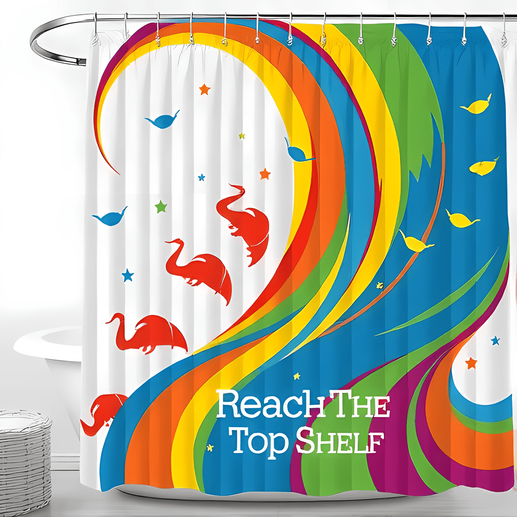 Vibrant Rainbow Swirl Shower Curtain with Dinosaurs & Birds - "Reach ...