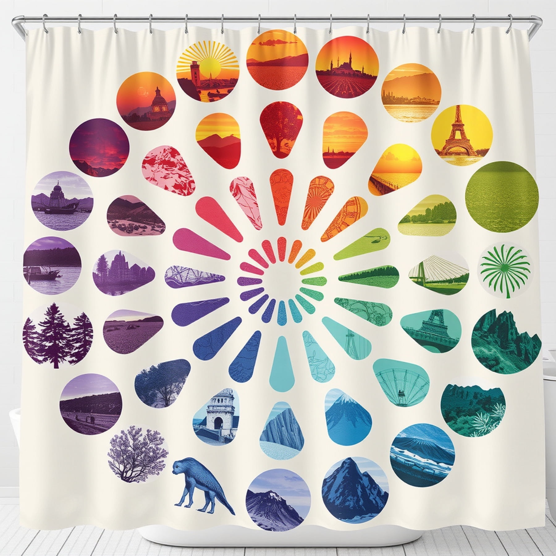 Vibrant Rainbow Teardrop Shower Curtain with Illustrated Landscapes ...