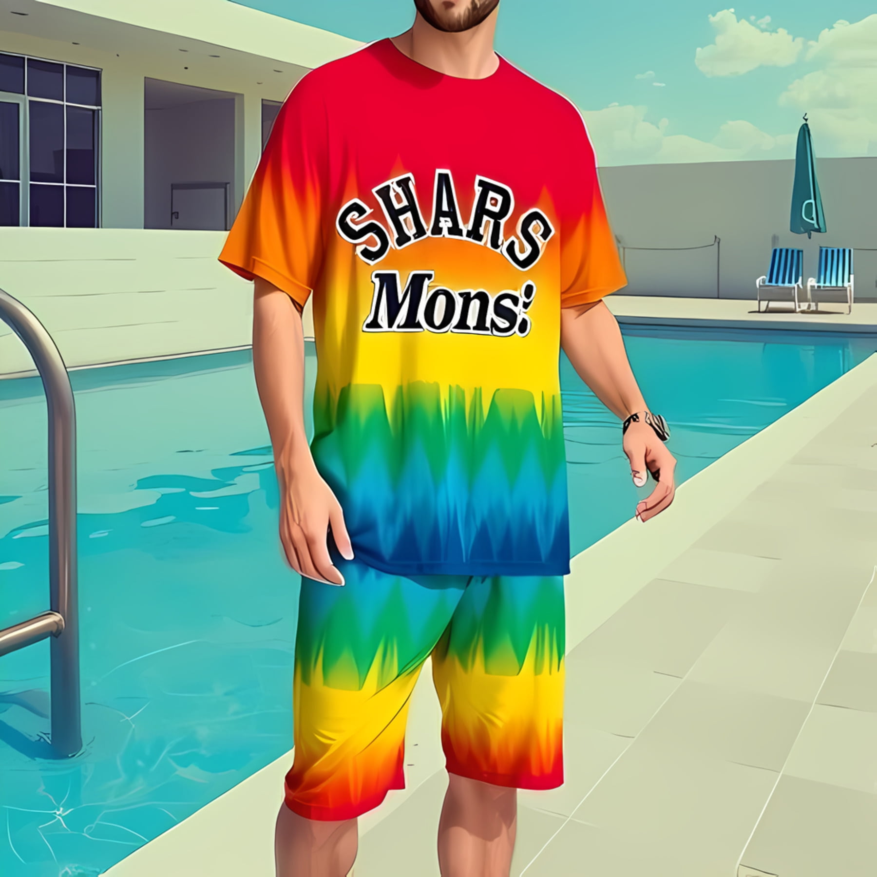 Vibrant Rainbow Tie - Two-Piece Outfit - Zig - Zag Pattern T-Shirt & Shorts Set with " Mons ...