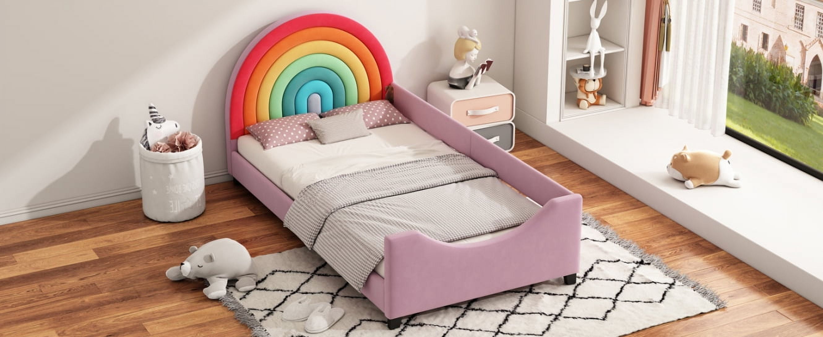 Vibrant Rainbow Upholstered Twin Daybed with Safety Rails & Durable ...
