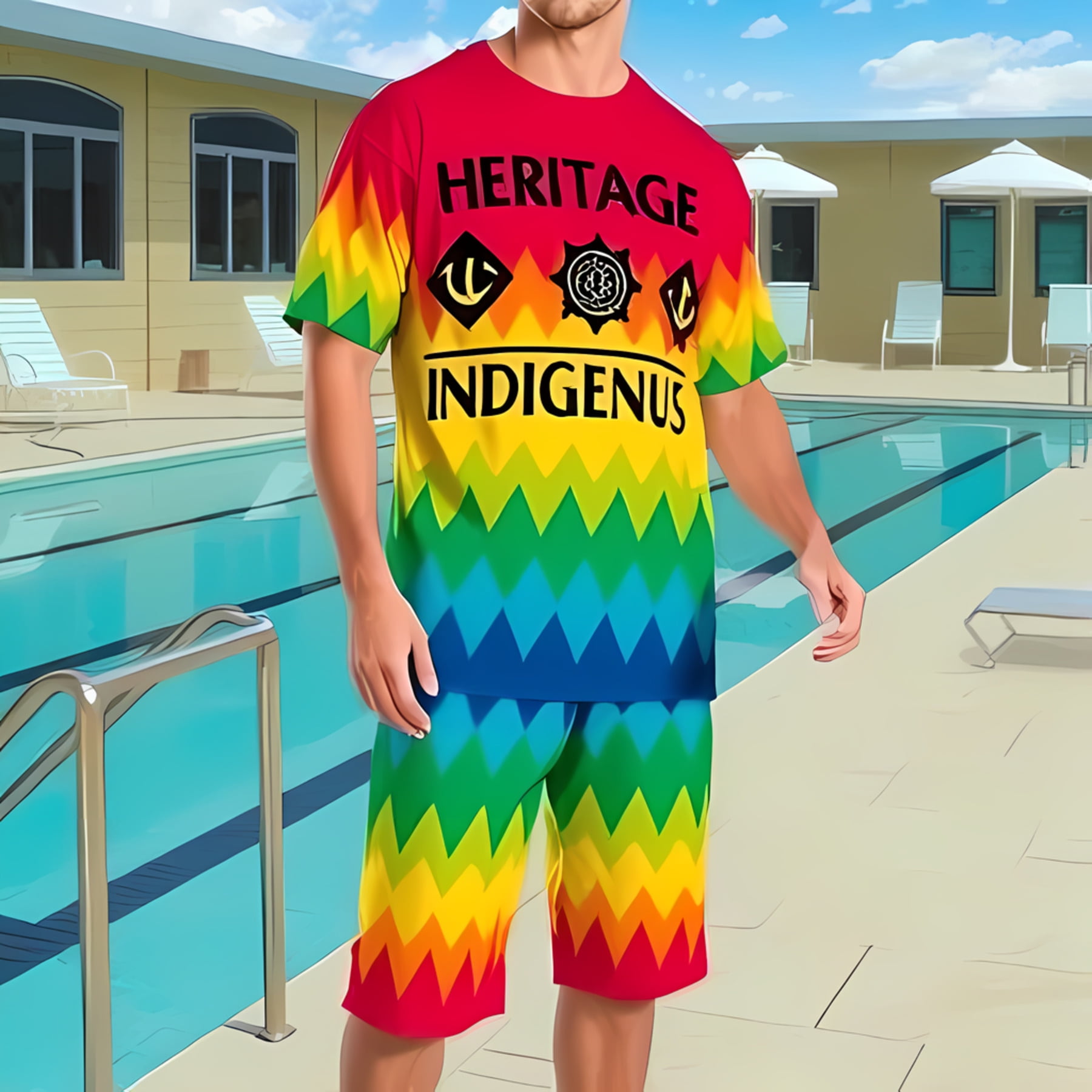 Vibrant Rainbow Zigzag Pattern T-Shirt and Shorts Set - Bold " HERITAGE " & " INDIGENUS " Print ...
