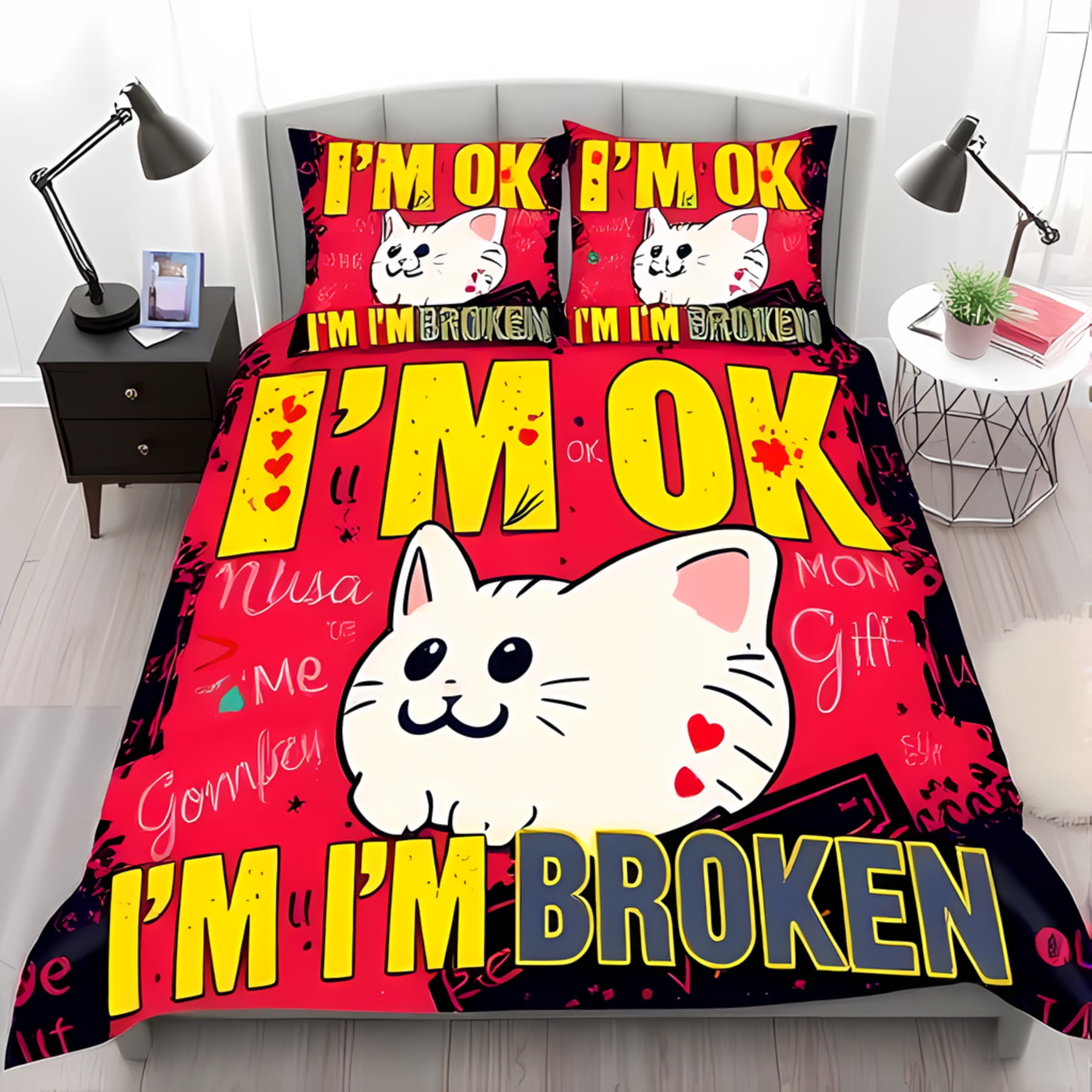 Vibrant Red 3-Piece Duvet Cover Set with Bold " I'M OK I'M BROKEN " Graphic Cute Cat ...
