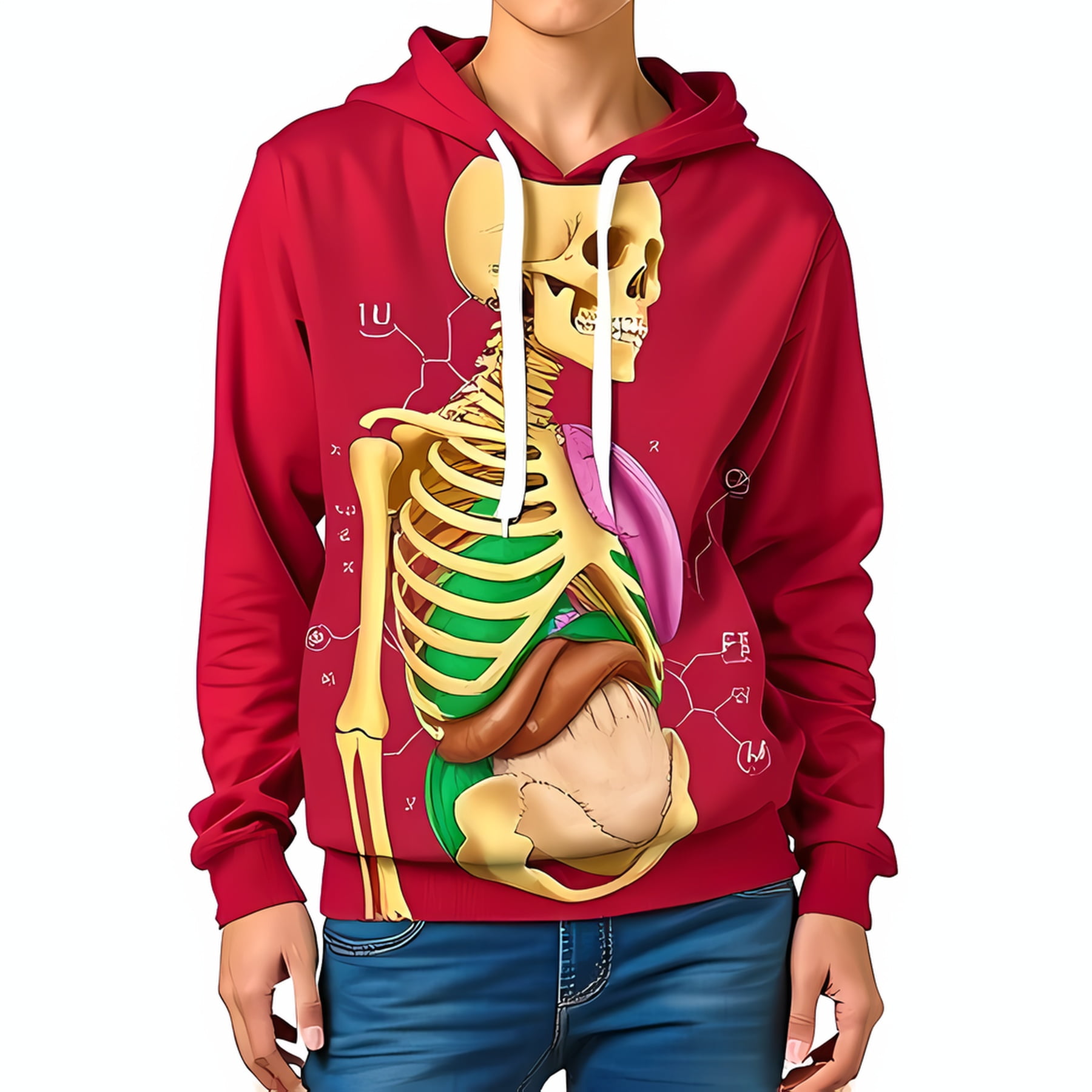 Vibrant Red 3D Anatomical Skeleton Hoodie with Internal Organs Graphic ...
