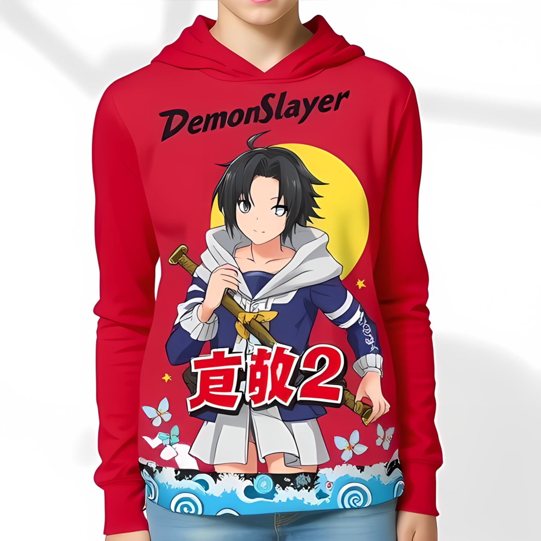 Vibrant Red 3D Anime Hoodie - Character with Dark Hair Kanji Design ...