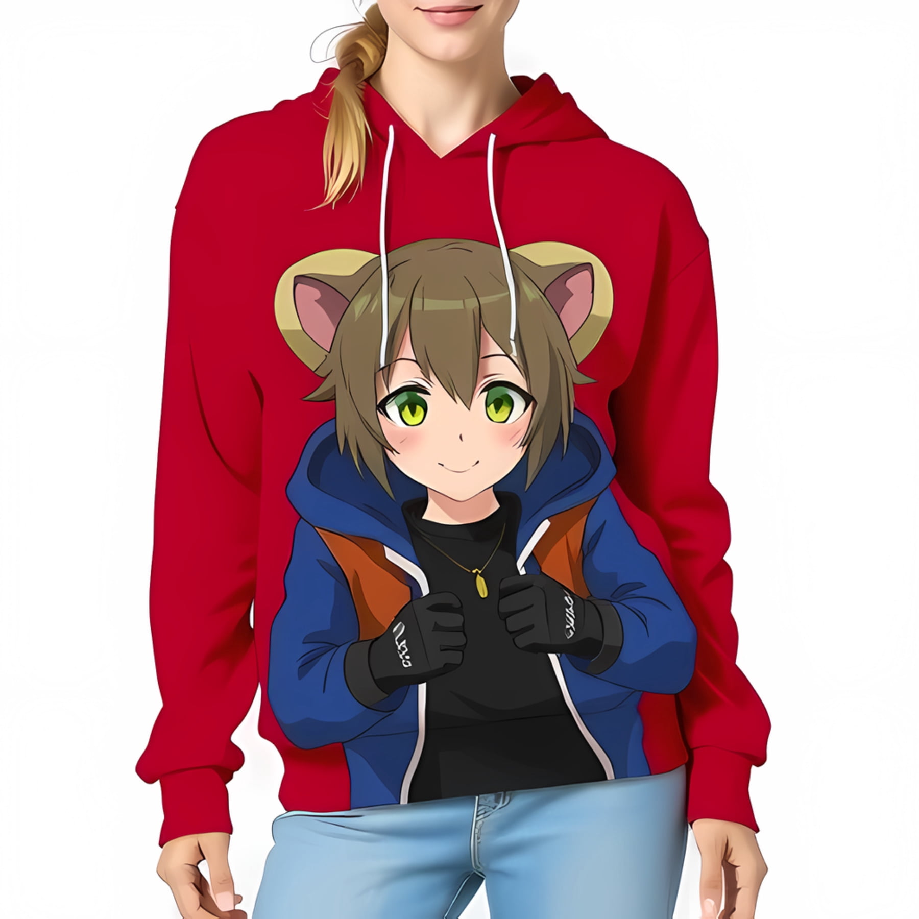 Vibrant Red 3D Anime Hoodie with Cat-Eared Character Stylish for ...