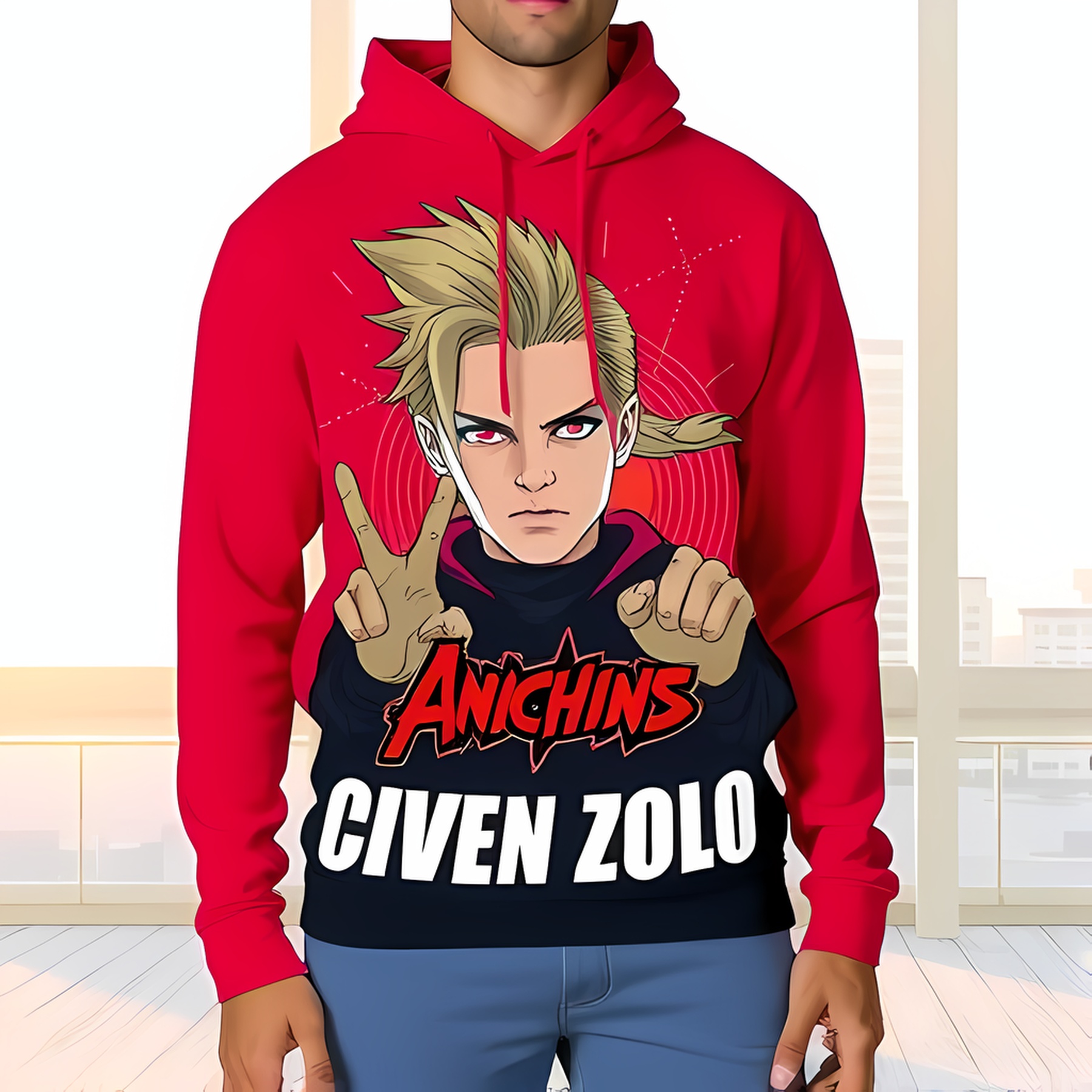 Vibrant Red 3D Anime Hoodie with Male Character Graphic - "ANICHINS ...
