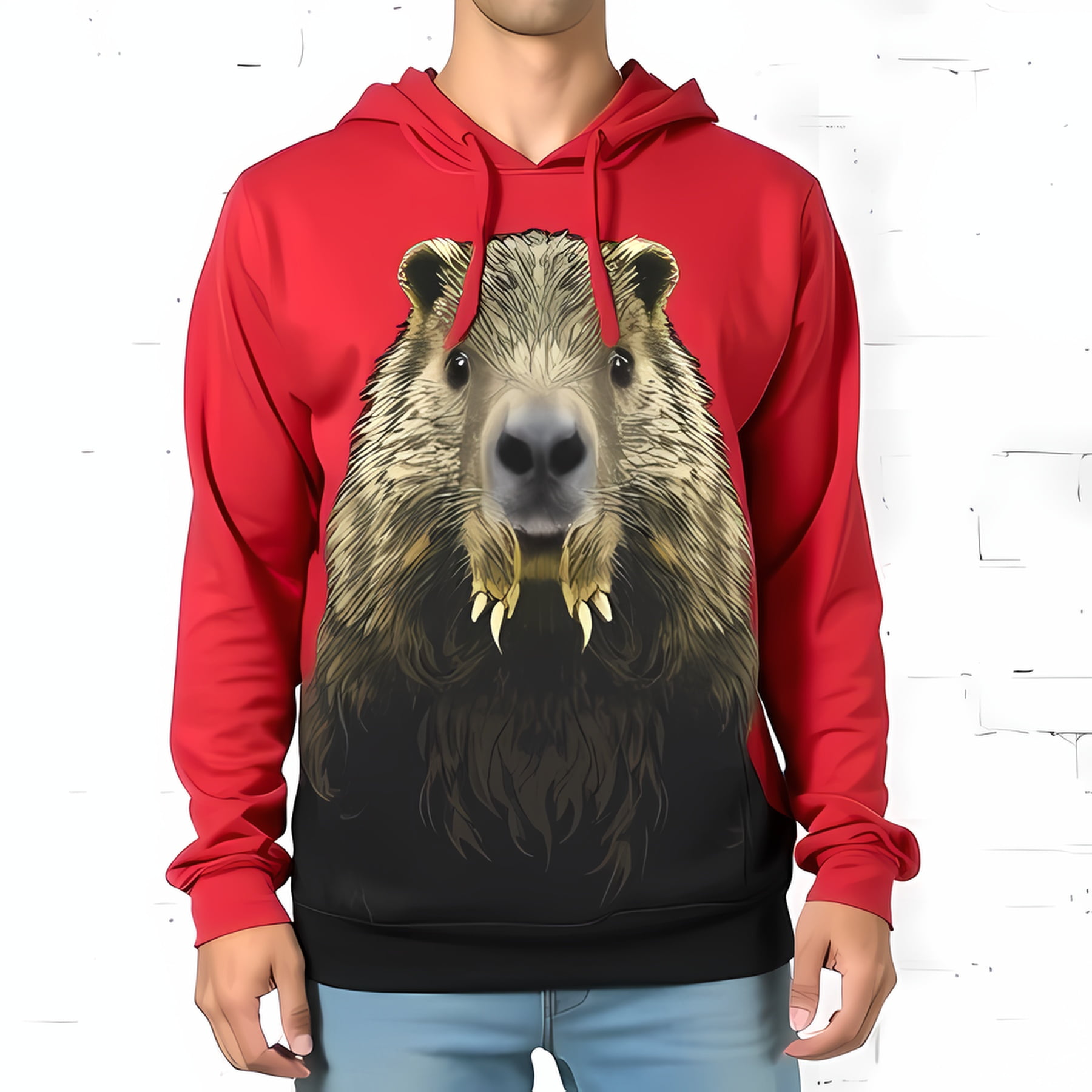 Vibrant Red 3D Capybara Face Hoodie - Realistic Animal Graphic Soft ...