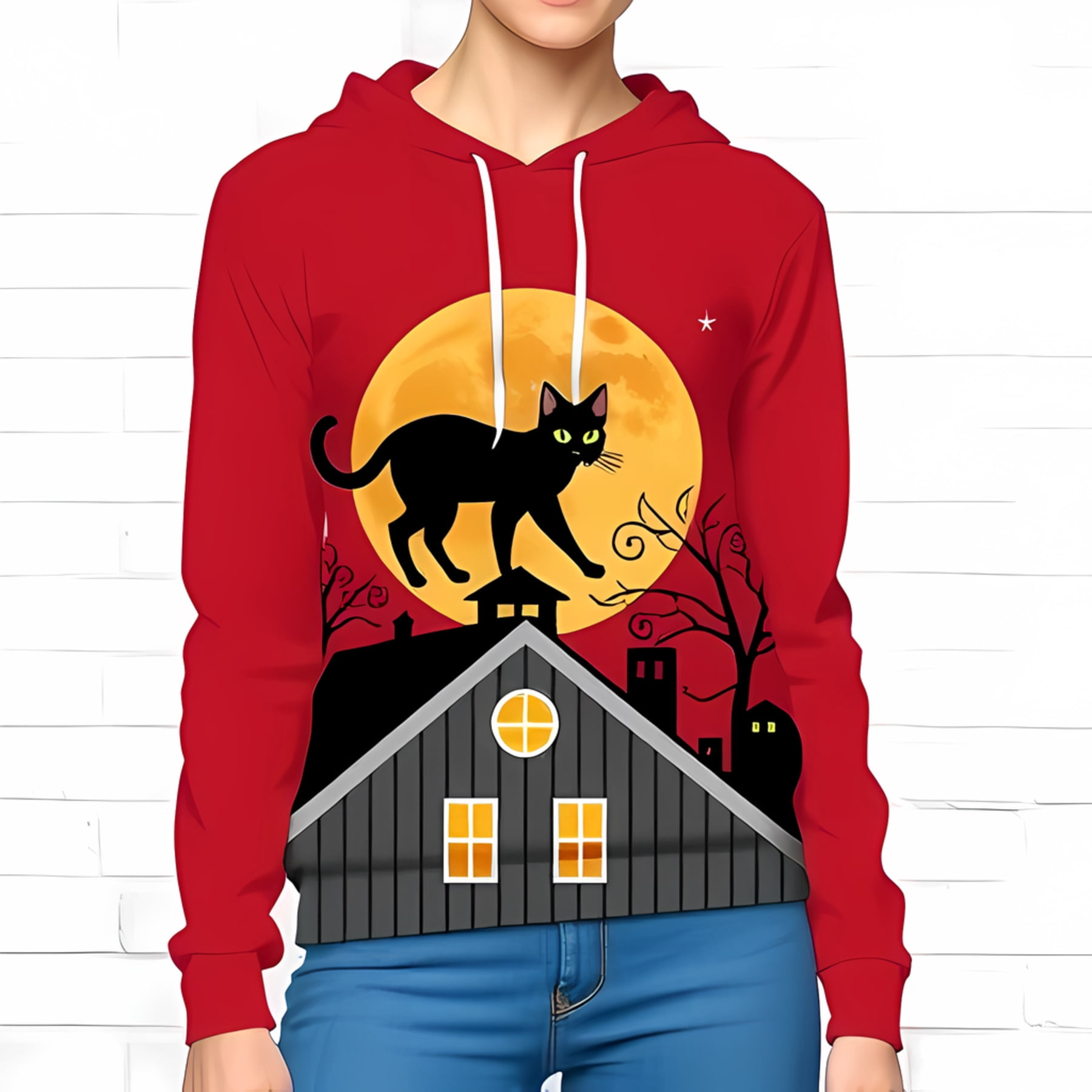 Vibrant Red 3D Halloween Hoodie with Yellow Moon Black Cat & Spooky ...