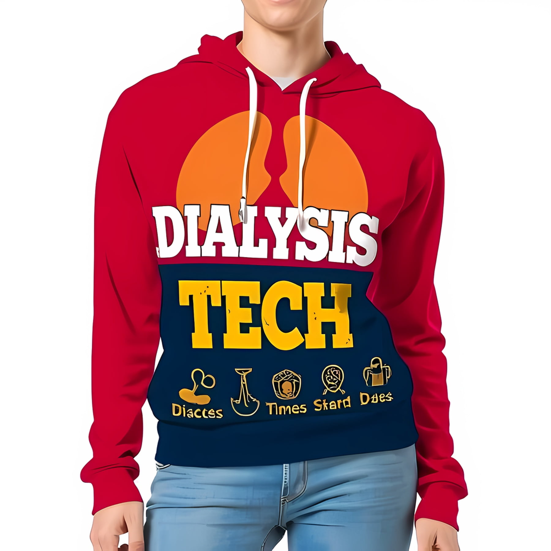 Vibrant Red 3D Hoodie for Dialysis Tech - Stylish Design with Navy Blue ...