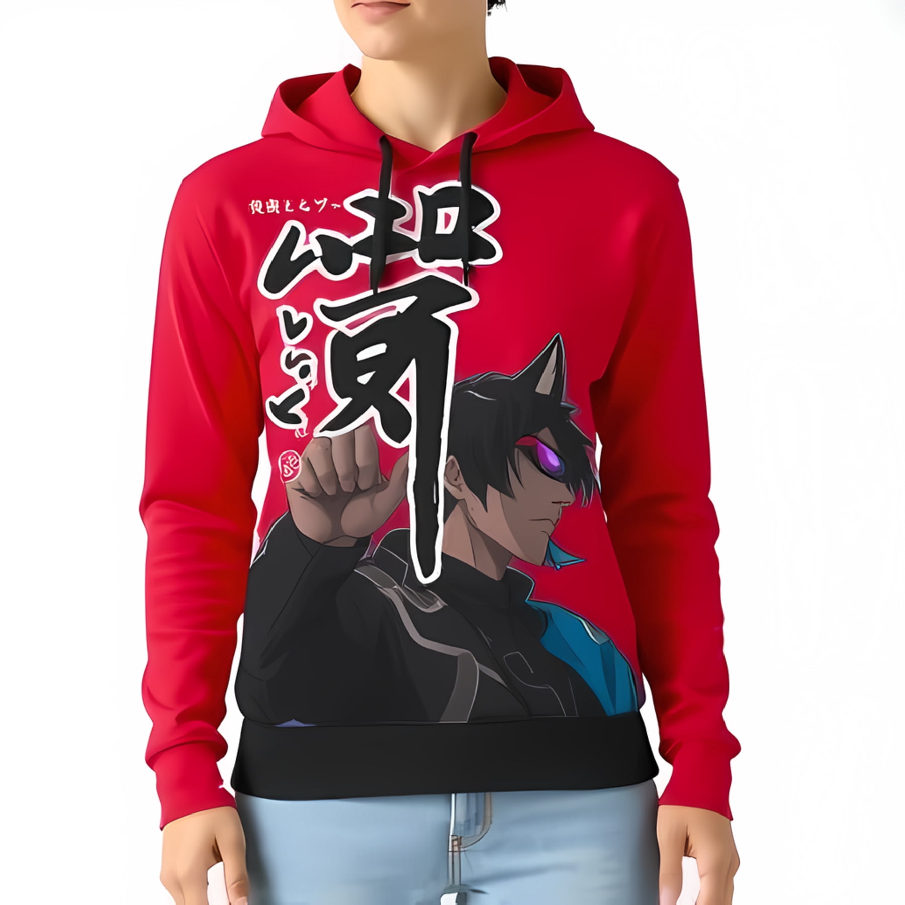 Vibrant Red 3D Hoodie with Anime Character Portrait Ears Purple Eyes ...