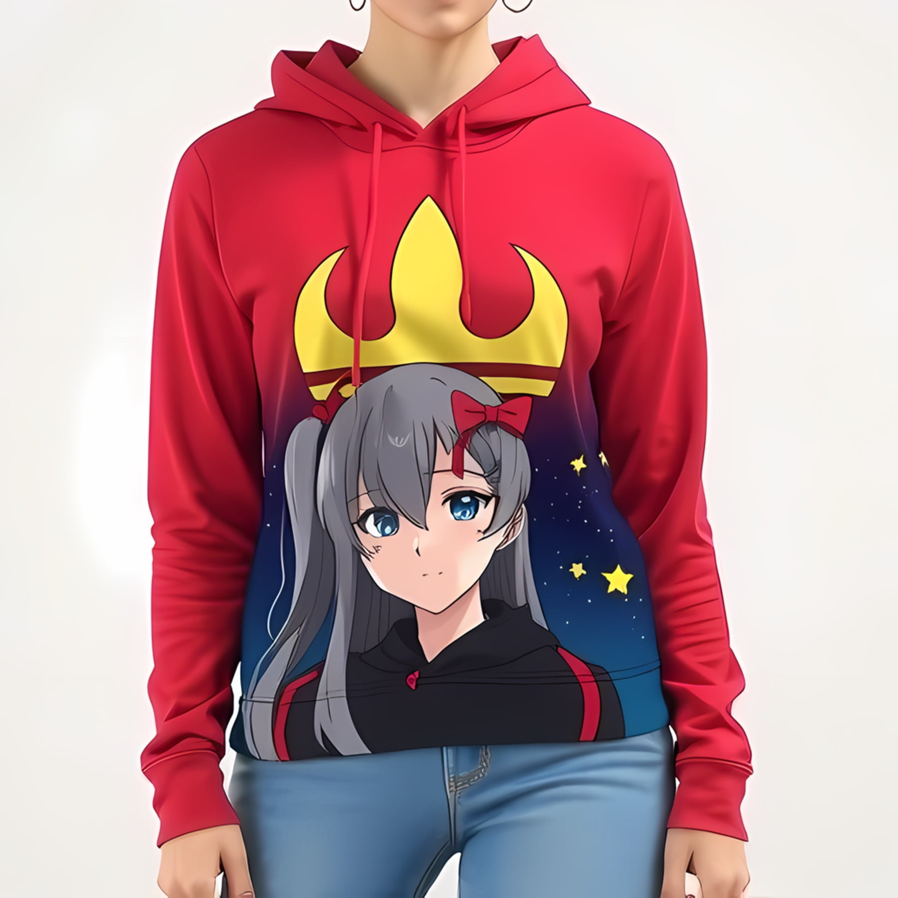 Vibrant Red 3D Hoodie with Anime Girl Design Grey Hair & Red Bows Sky ...