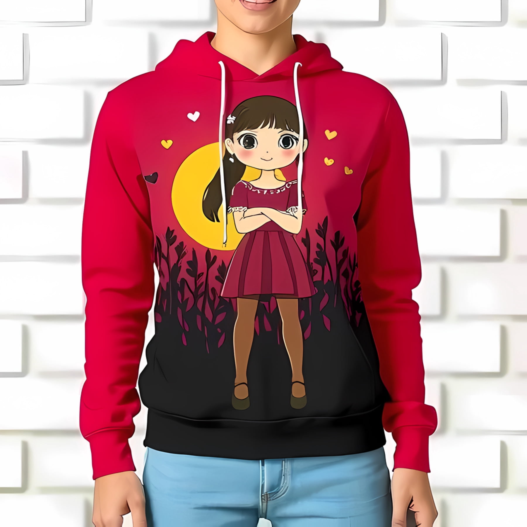 Vibrant Red 3D Hoodie with Anime Girl Design Maroon Dress Sunset ...