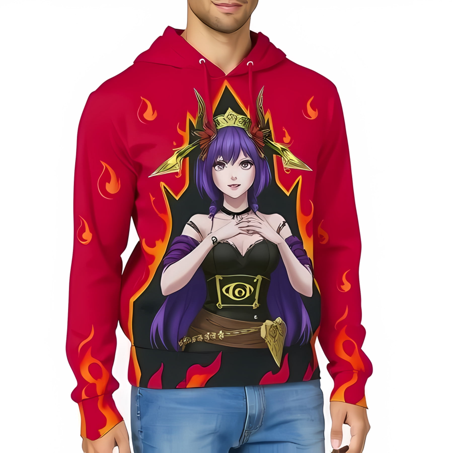 Vibrant Red 3D Hoodie with Anime Girl Design - Purple Hair Gold Accents ...