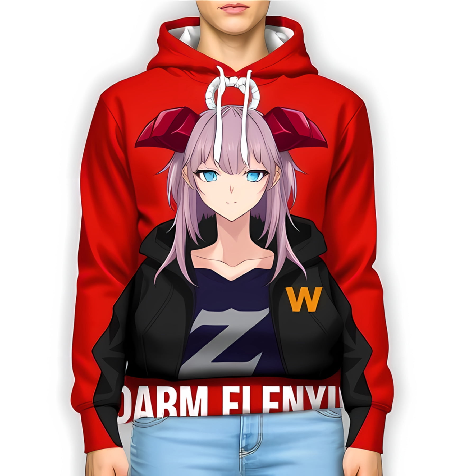 Vibrant Red 3D Hoodie with Anime Girl Lavender Hair & Crimson Horns ...