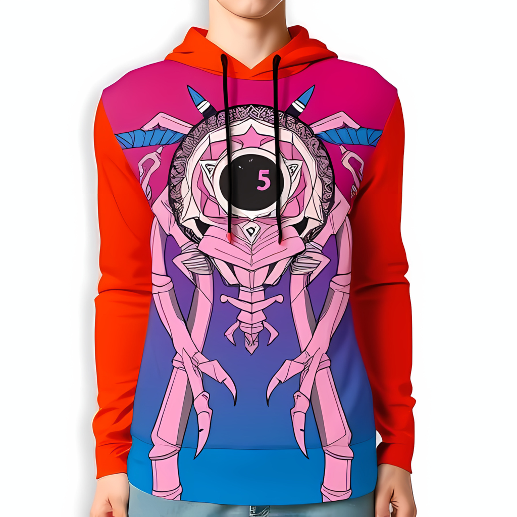Vibrant Red 3D Hoodie with Insectoid Creature Print Geometric and ...