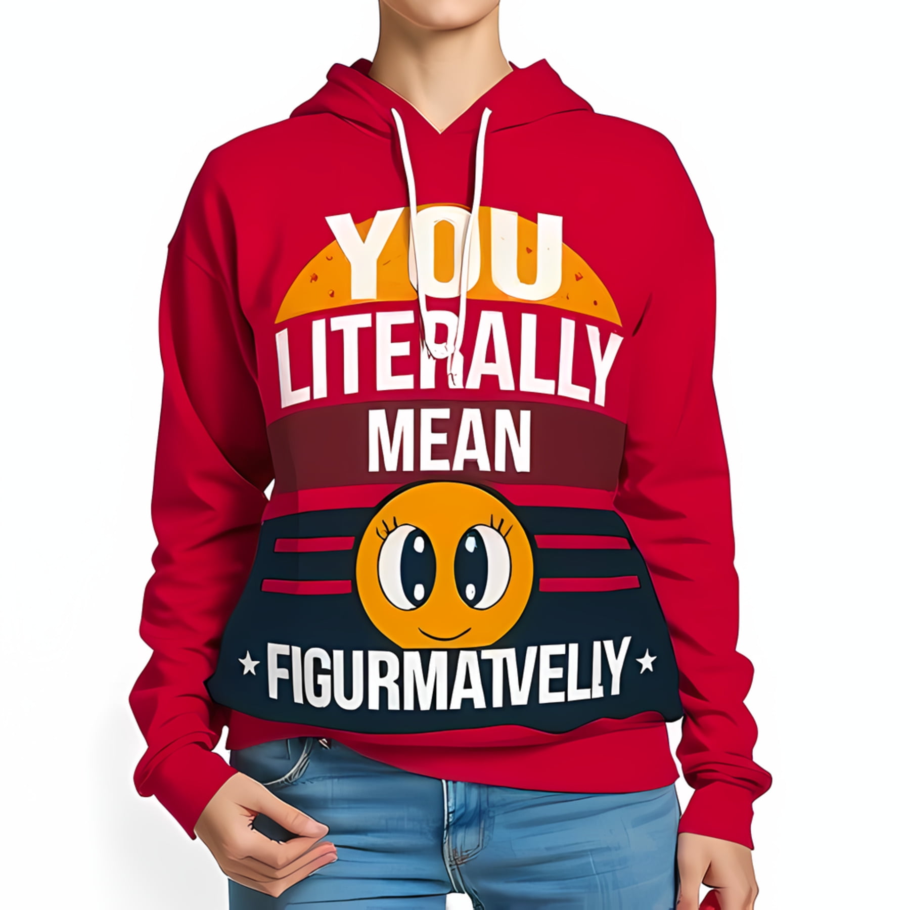 Vibrant Red 3D Hoodie with Playful Cartoon & Vintage Font Striped Navy ...