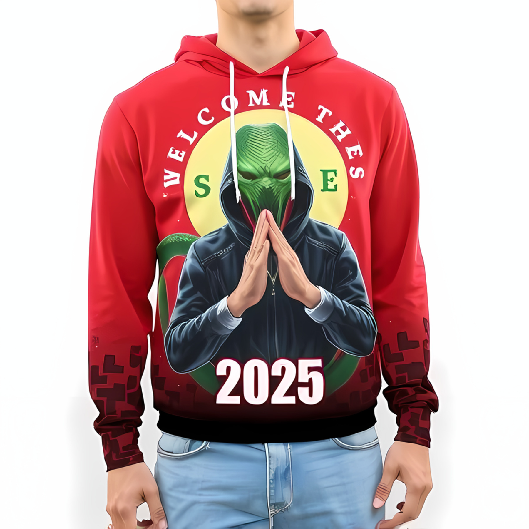Vibrant Red 3D Hoodie with Reptilian Mask Graphic 'WELCOME THE S E ...