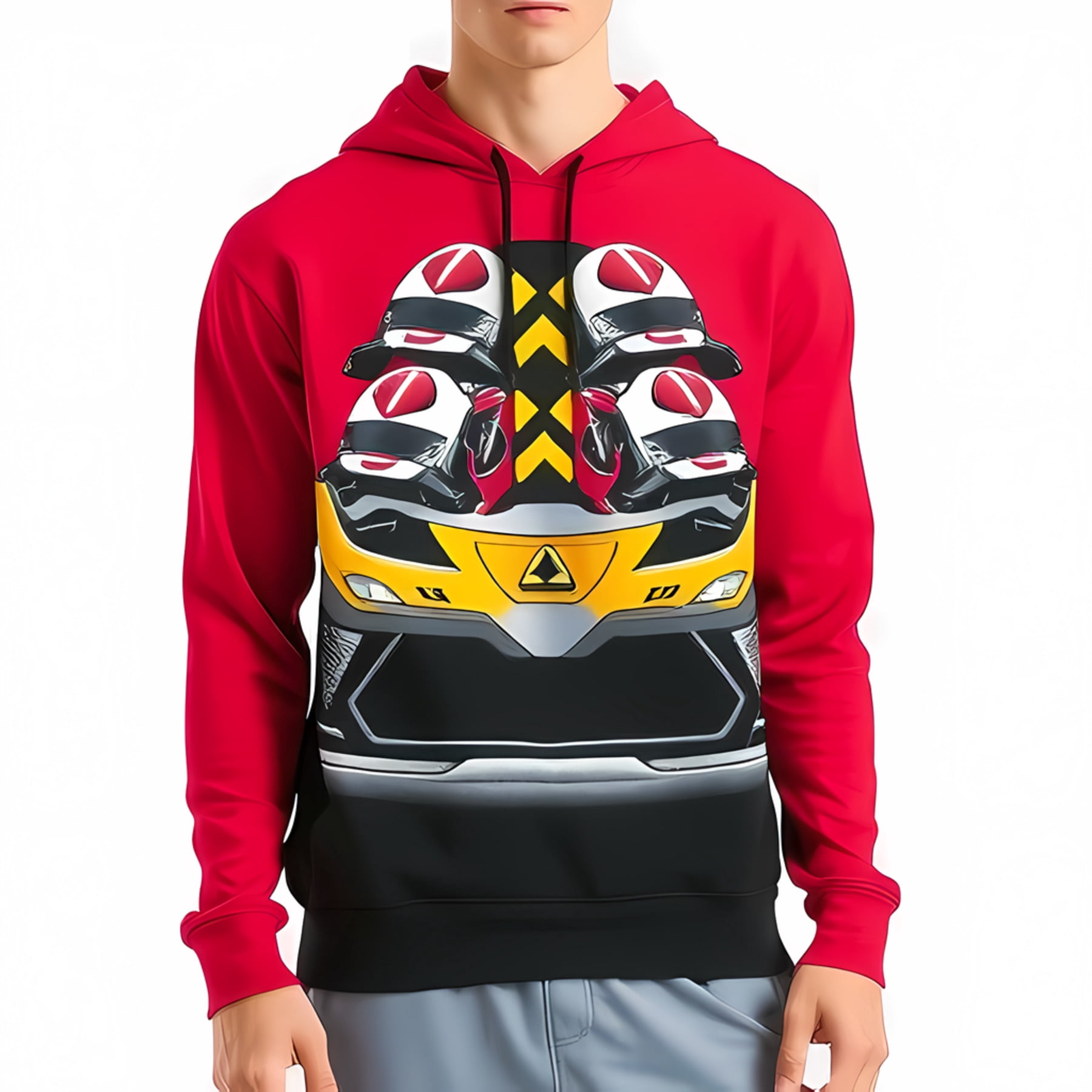 Vibrant Red 3D Hoodie with Sleek Yellow Sports Car Graphic & Racing ...