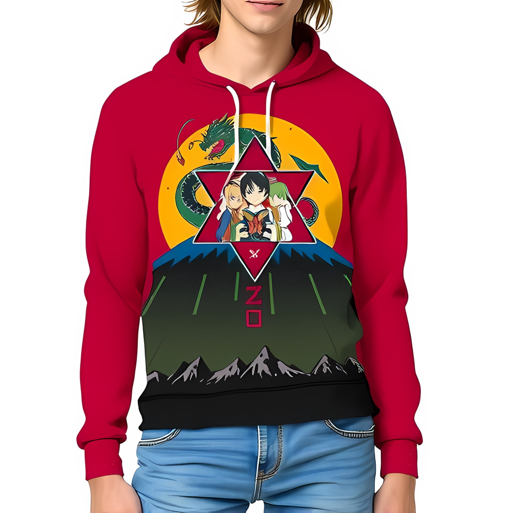 Vibrant Red 3D Hoodie with Stylized Dragon Anime Characters & Mountain ...