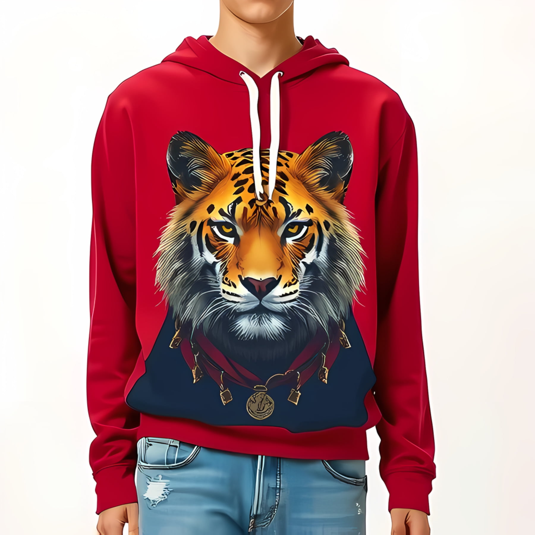 Vibrant Red 3D Tiger Head Hoodie with Detailed Graphic Design Intense ...