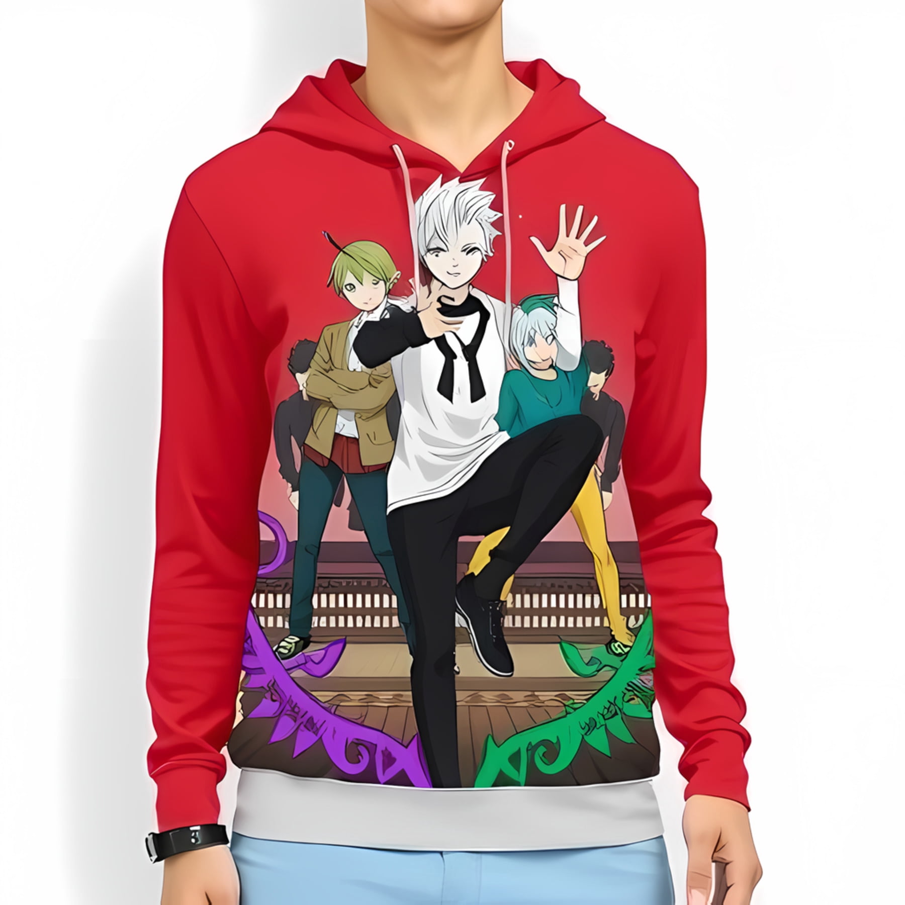 Vibrant Red Anime 3D Hoodie with Dance Characters Cartoon Style Soft ...