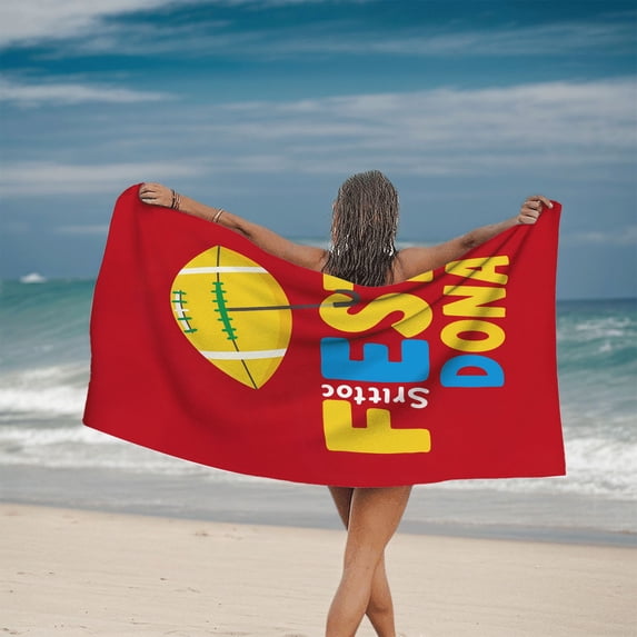 Vibrant Red Beach Towel with Playful Yellow Football Design - Perfect ...
