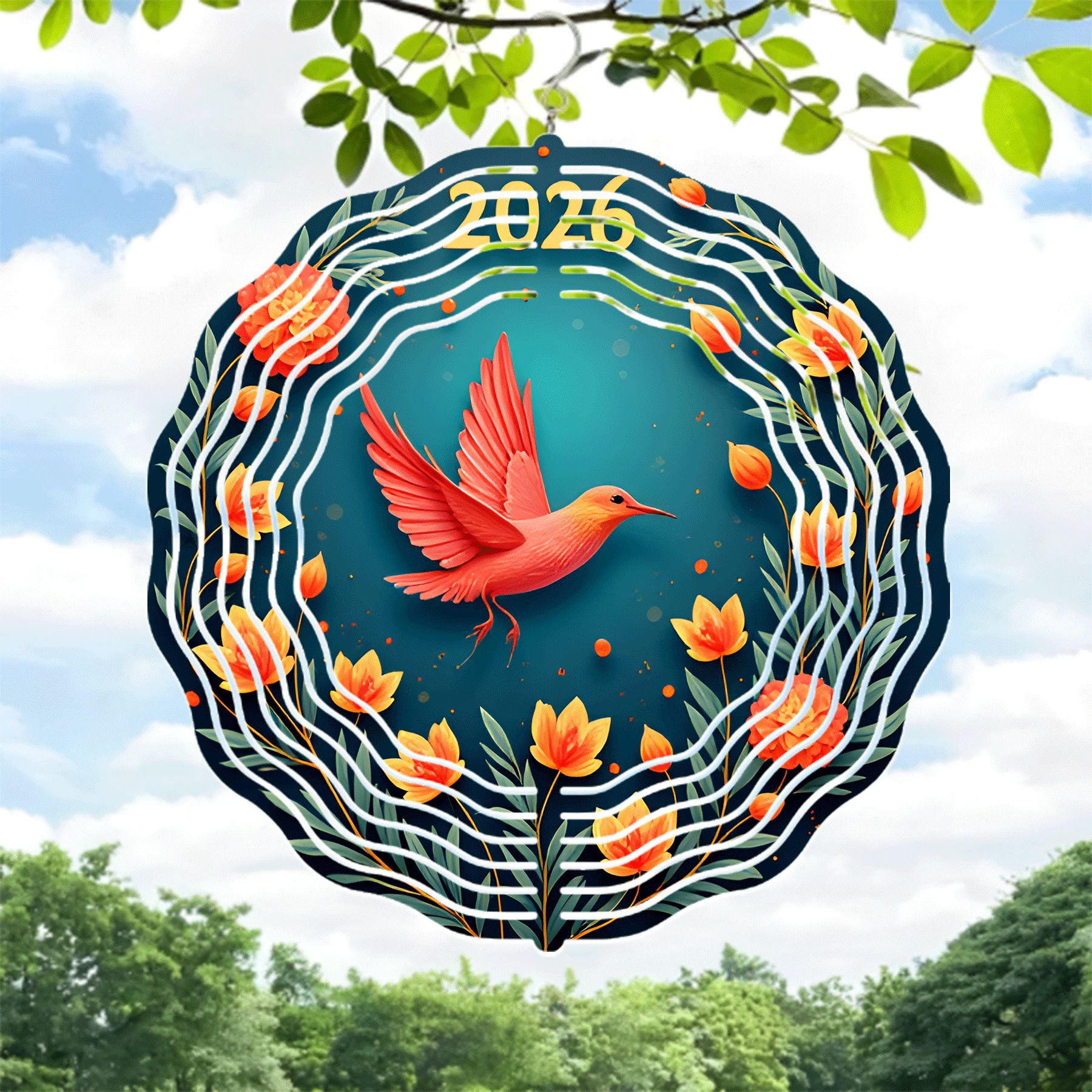 Vibrant Red Bird in Metal Wind Spinner with Orange Flowers & Green ...