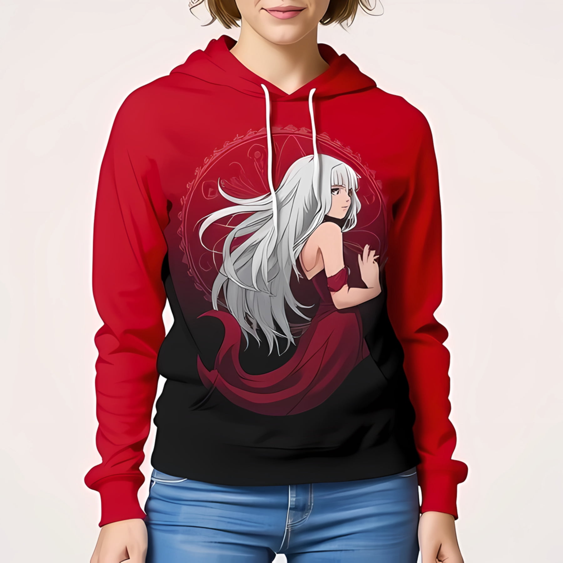 Vibrant Red & Black 3D Anime Hoodie with White-Haired Character in ...