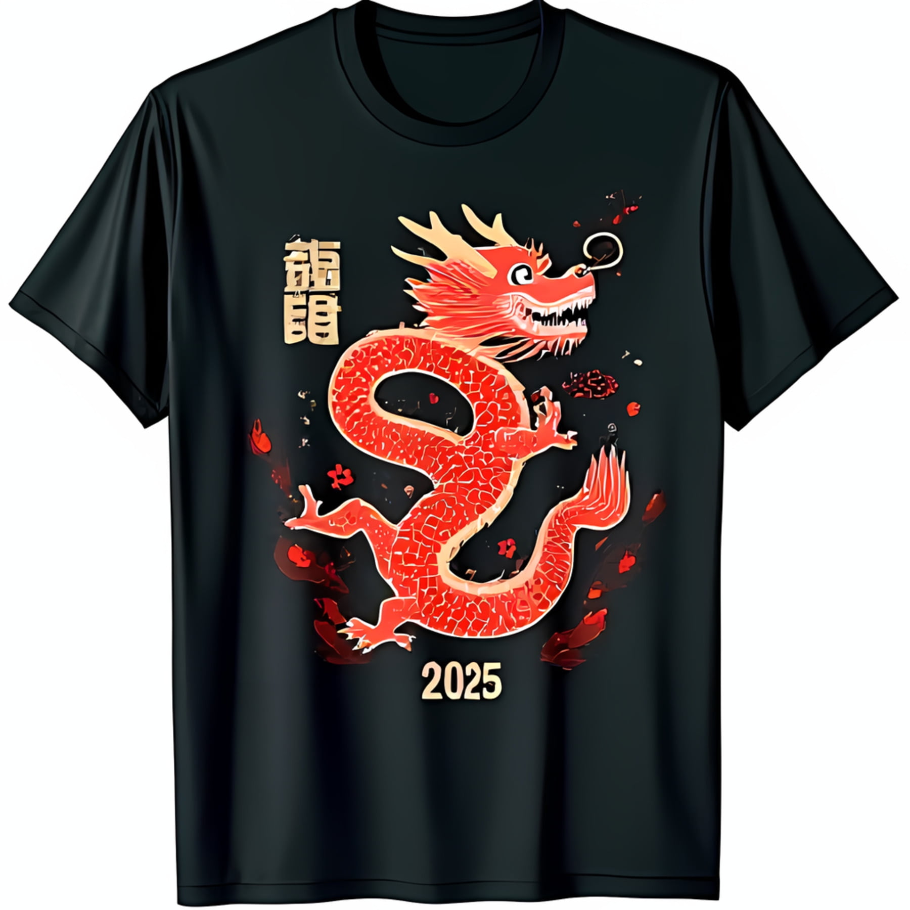 Vibrant Red Chinese T-Shirt with Fortune Character & 2025 Design Black ...
