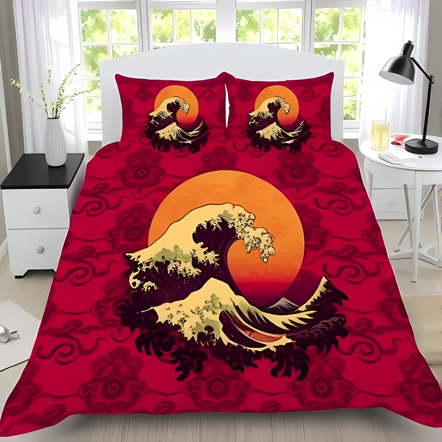 Vibrant Red Comforter Set with Wave & Sunset Design Modern Pop Art ...