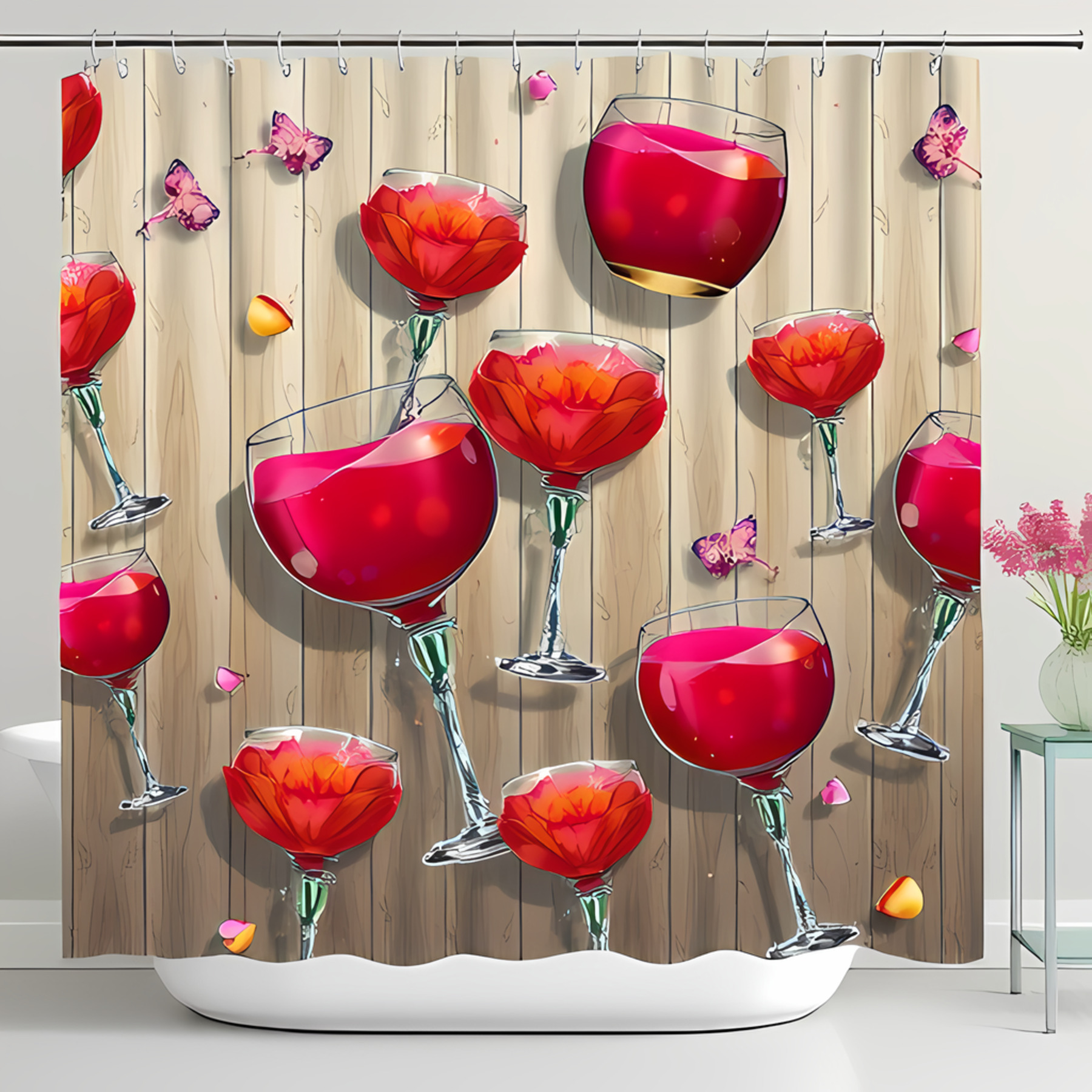Vibrant Red Floral Shower Curtain with Glasses & Butterflies ...