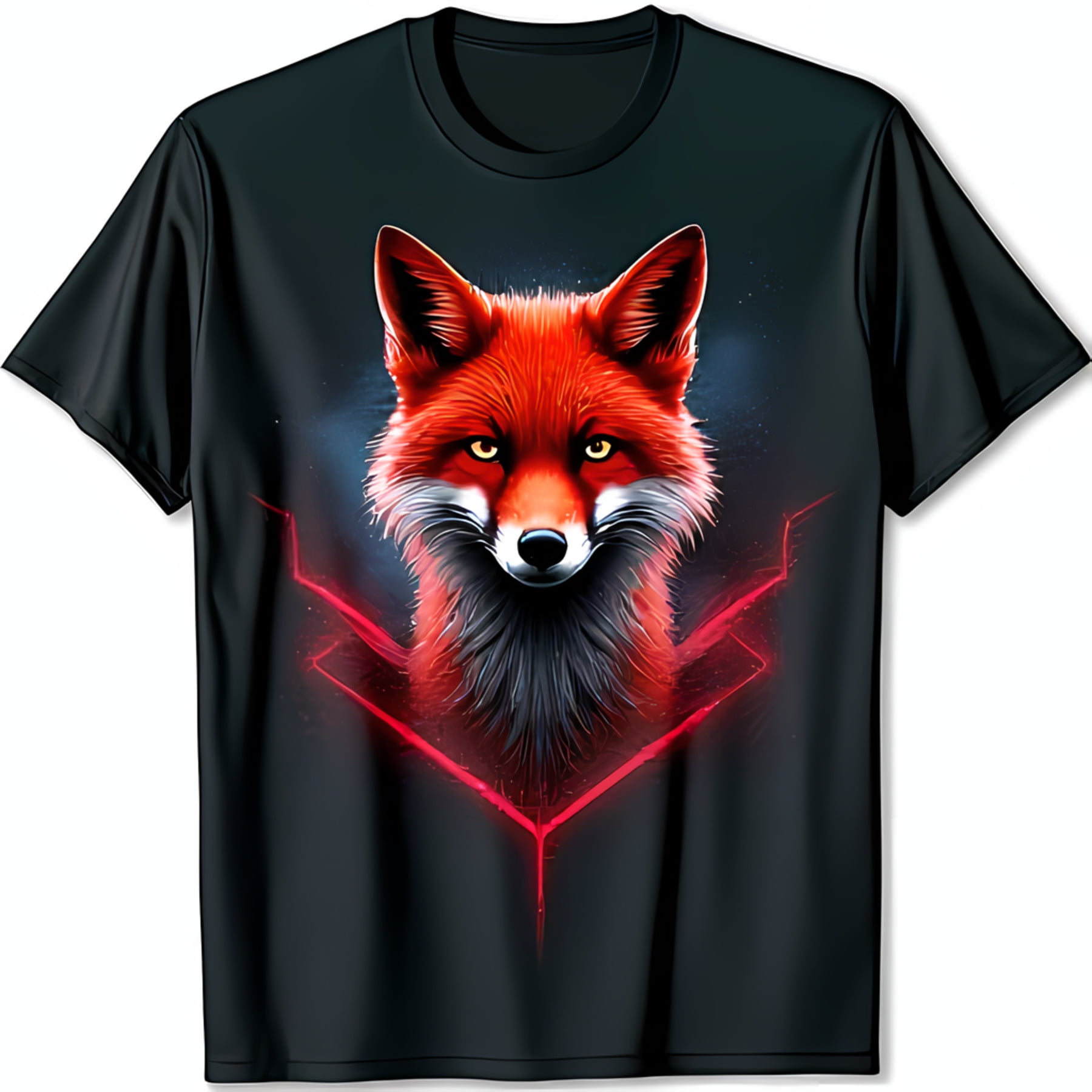 Vibrant Red Fox Graphic Black T-Shirt Striking Design with Intense Eyes ...