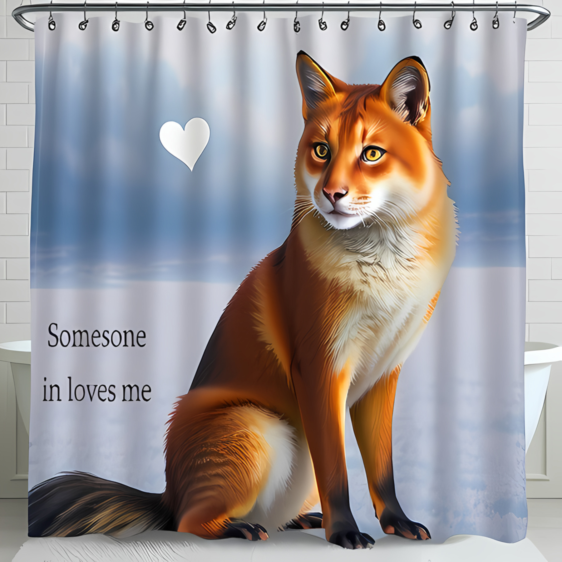 Vibrant Red Fox Shower Curtain - Cute Wildlife Design with Heart Symbol ...