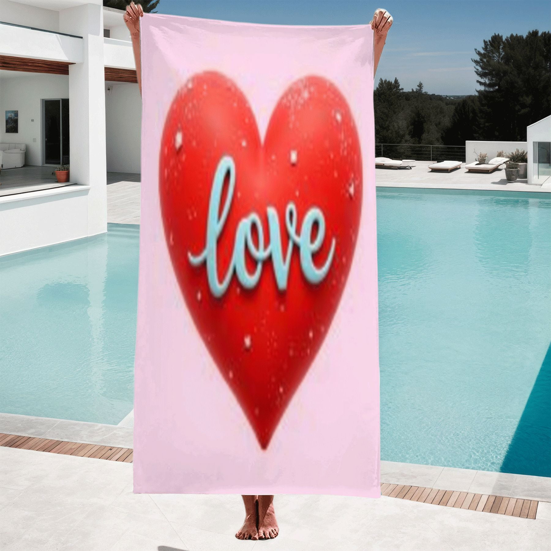 Vibrant Red Heart Beach Towel with ' Love ' in Light Blue Cursive ...
