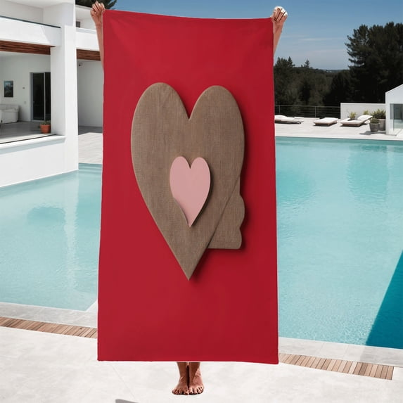 Vibrant Red Heart Pattern Beach Towel - Large Brown & Small Pink Hearts ...