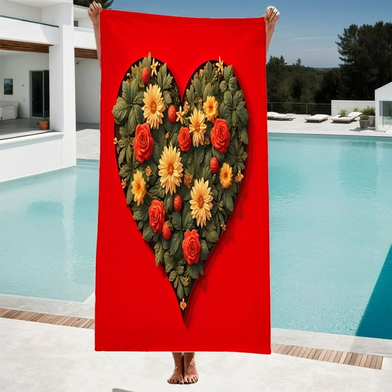 Vibrant Red Heart-Shaped Floral Pattern Beach Towel - Romantic Red ...