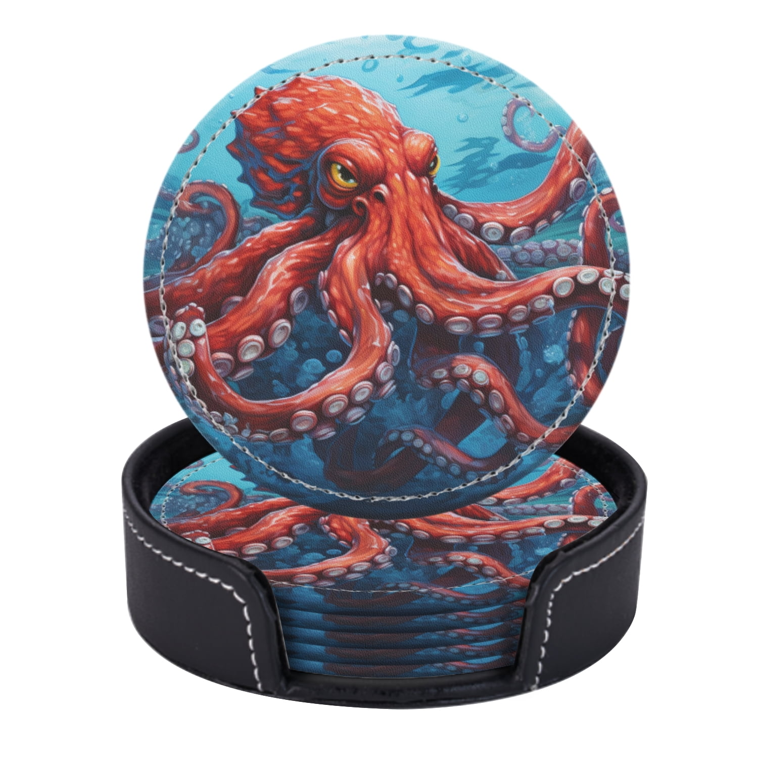 PU Leather Coasters for Drinks Bar Beer,Set of 6 with Holder,Round ...