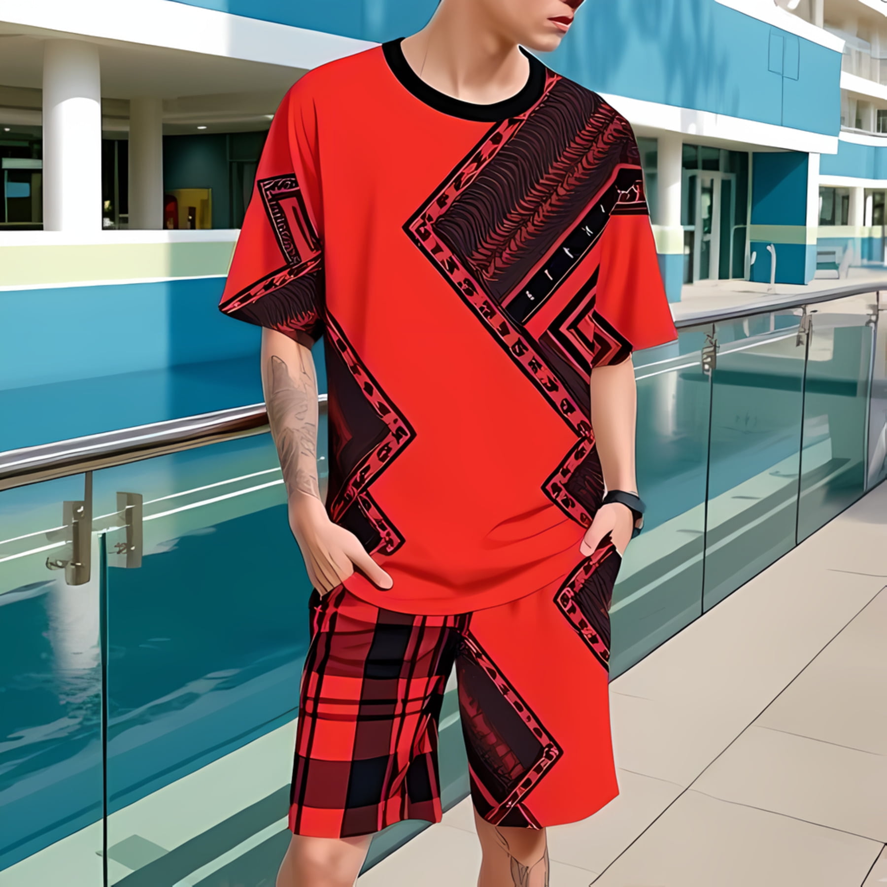 Vibrant Red Oversized T-Shirt & Checkered Shorts Set - Bold Black ...