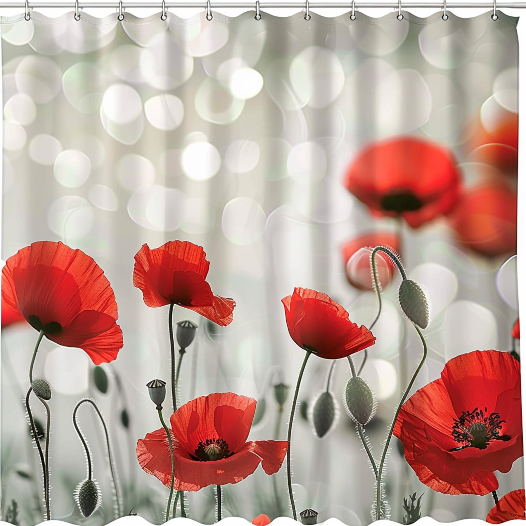 Vibrant Red Poppy Floral Shower Curtain Elegant White Background With