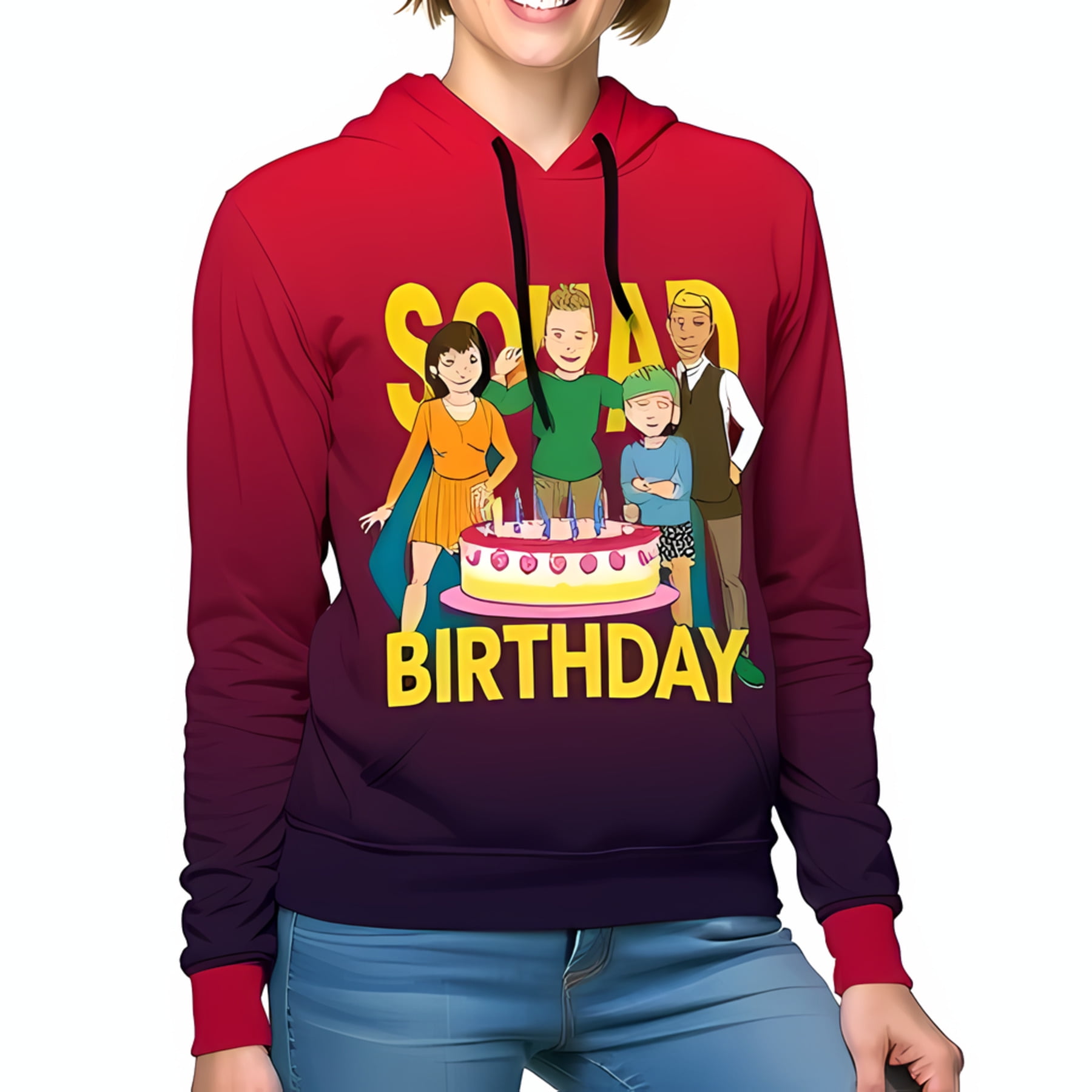 Vibrant Red & Purple 3D Hoodie with Cartoon Characters Celebrating a ...