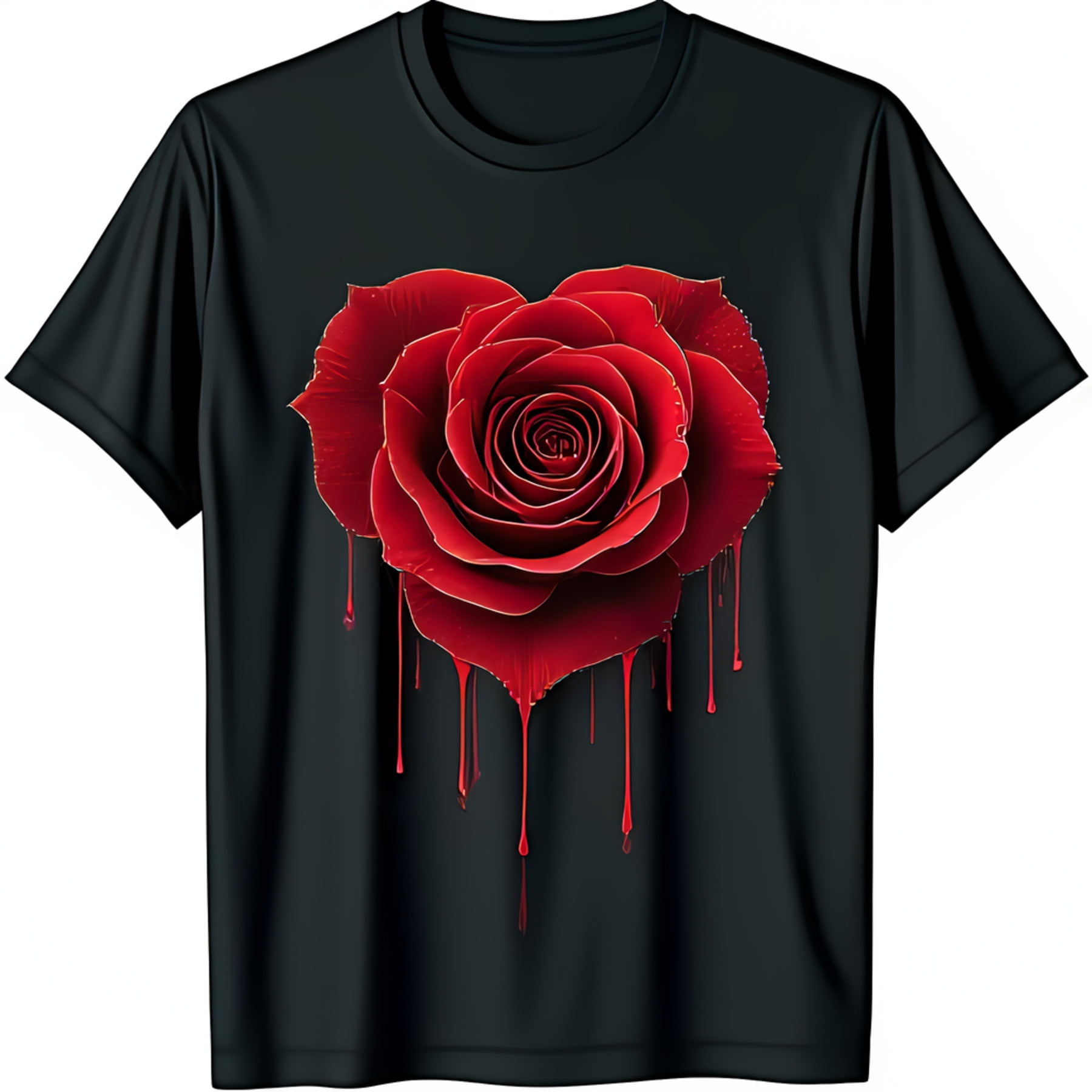 Vibrant Red Rose Graphic Black T-Shirt Passionate Design with Dripping ...
