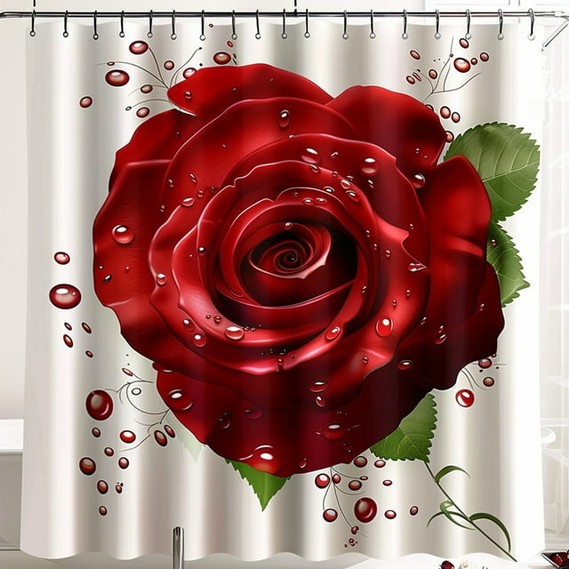 Vibrant Red Rose Shower Curtain With Elegant Leaf Design On White